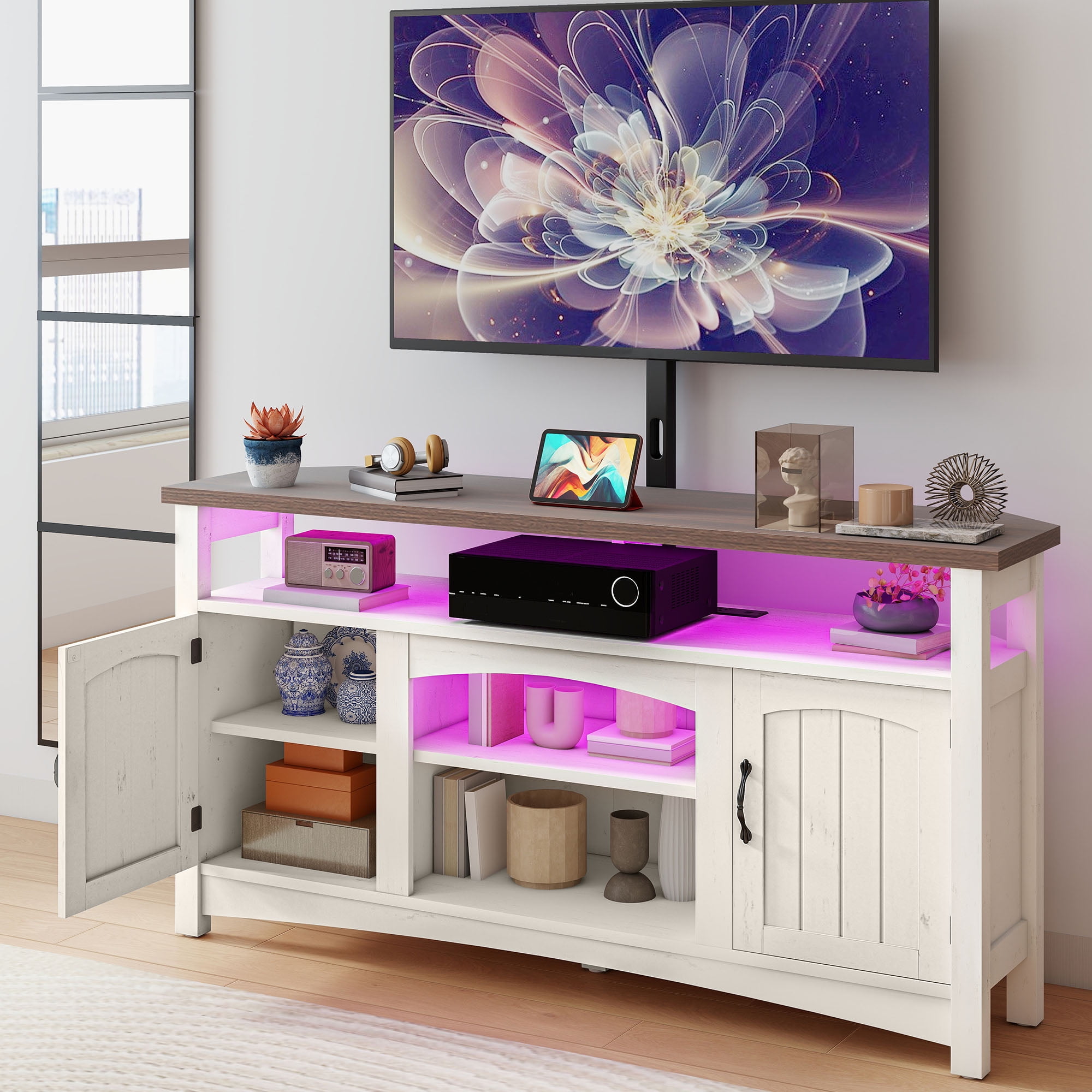 Craftian TV Stand with Mount & LED Lights, Farnhouse Entertainment ...