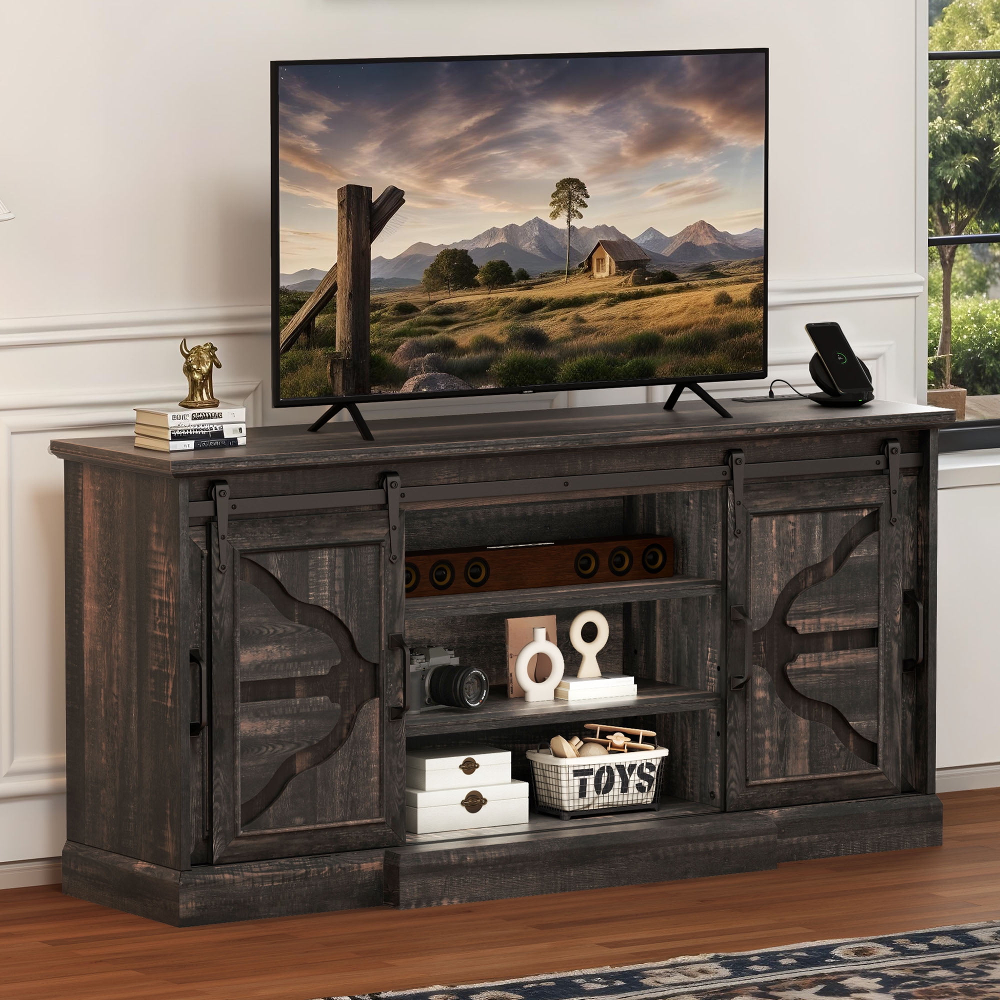 Craftian TV Stand with Power Outlets for TVs up to 70 Inch, Farmhouse ...