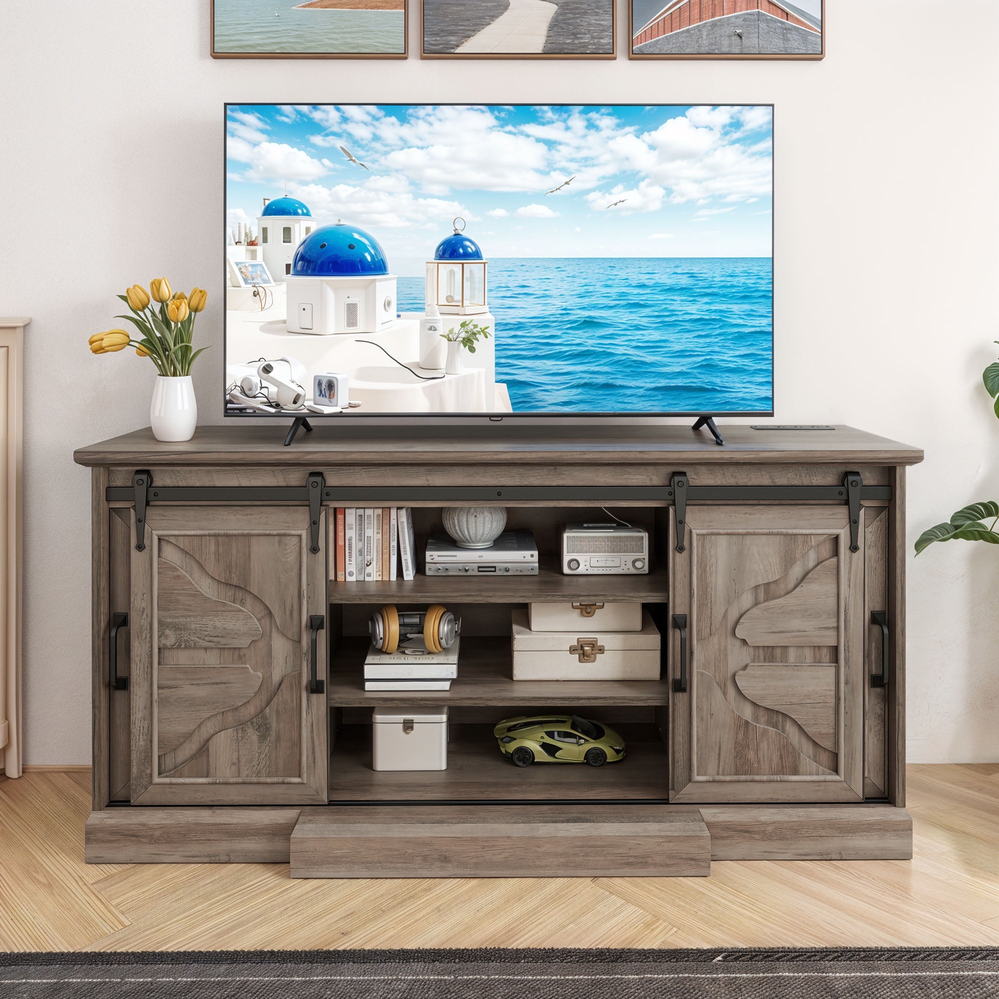 Craftian TV Stand with Power Outlets for TVs up to 70 Inch, Farmhouse ...