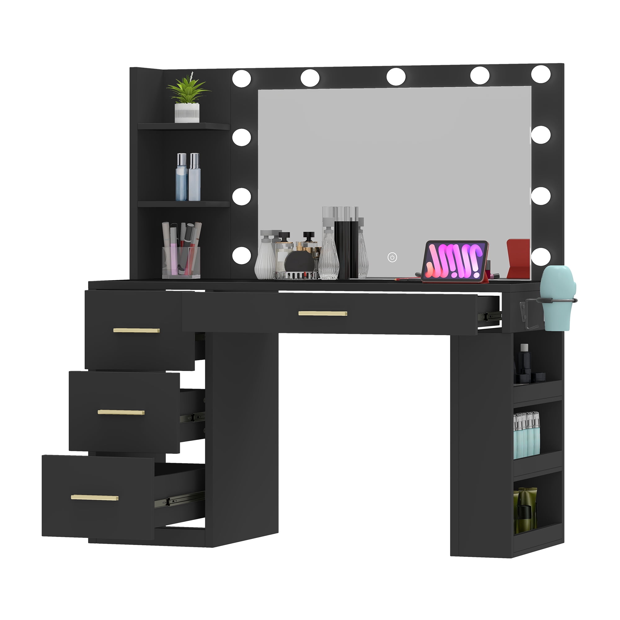 Craftian Vanity Desk with LED Mirror, Power Outlet, Modern Makeup Table ...