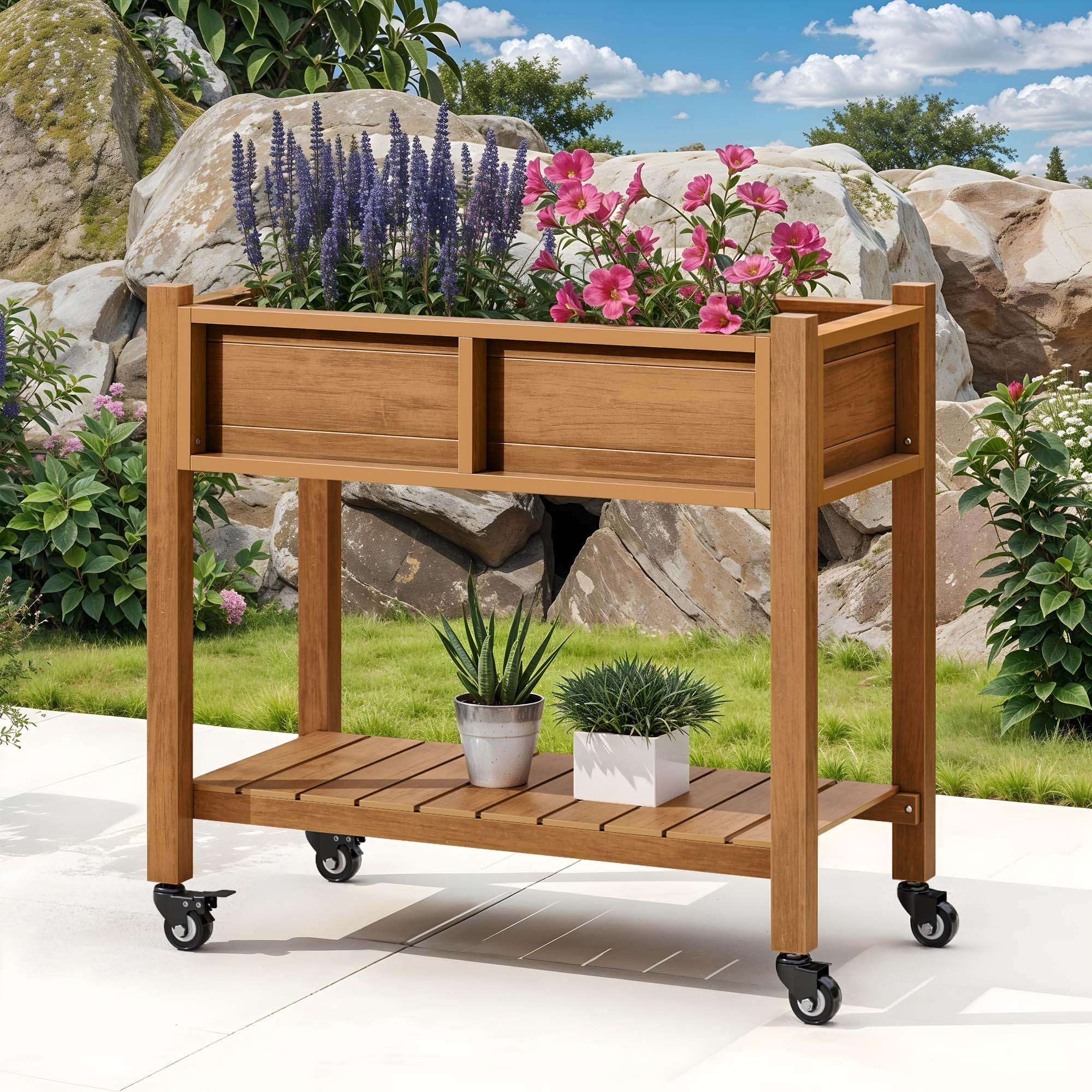Craftian Weatherproof 2 Layers Planter Box with Wheels, HIPS 34"H ...