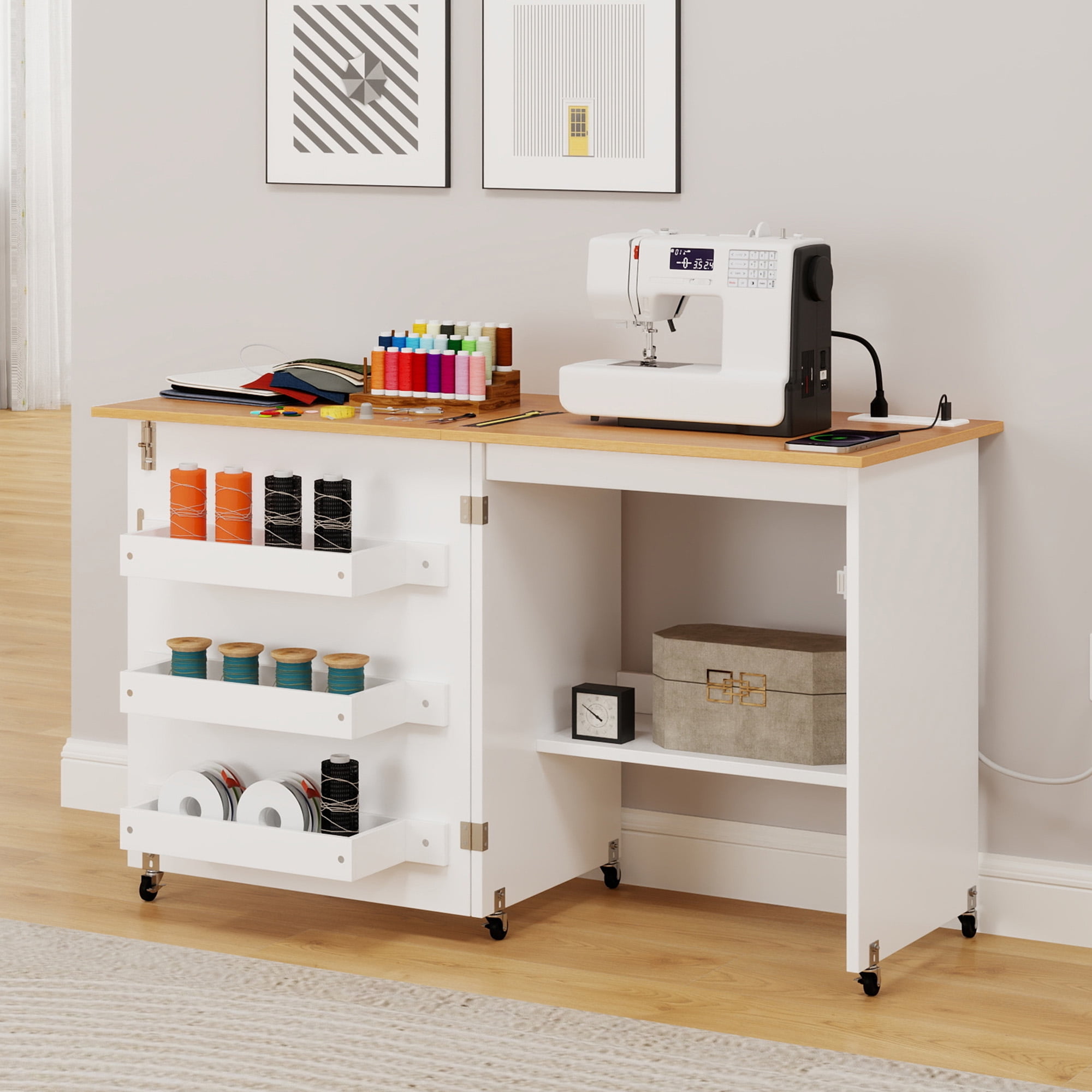 Craftian White Folding Sewing Craft Table with with Charging Station ...