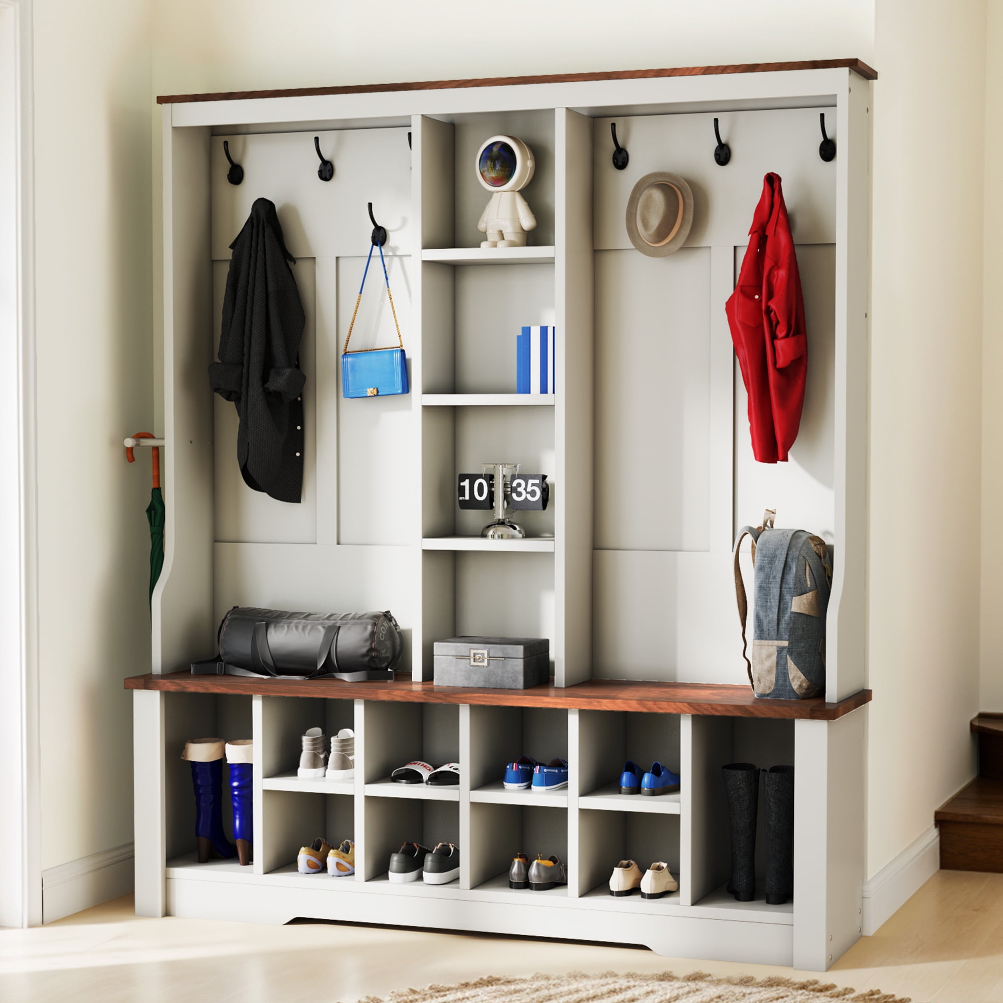 Craftian White Hall Tree with Shoe Storage, Large Coat Rack with Bench ...