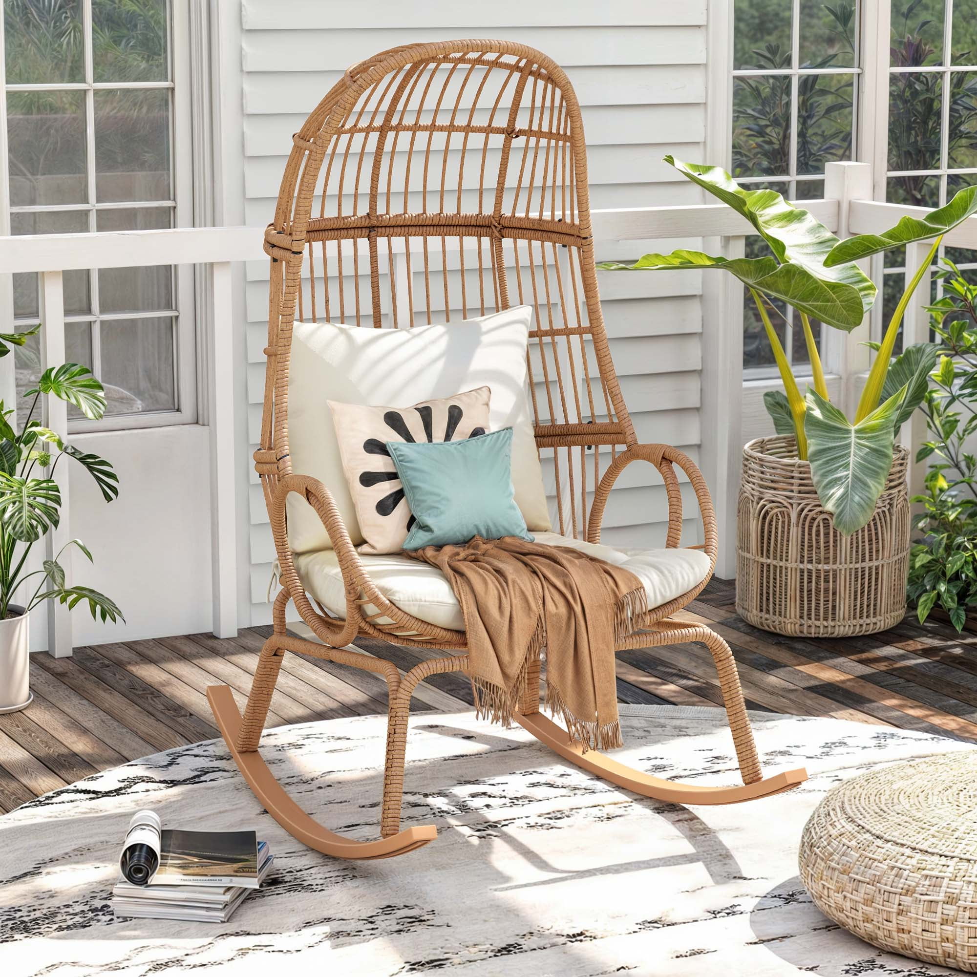 Craftian Wicker Rocking Egg Chair, Outdoor Patio Lounge Chair, 400lb ...