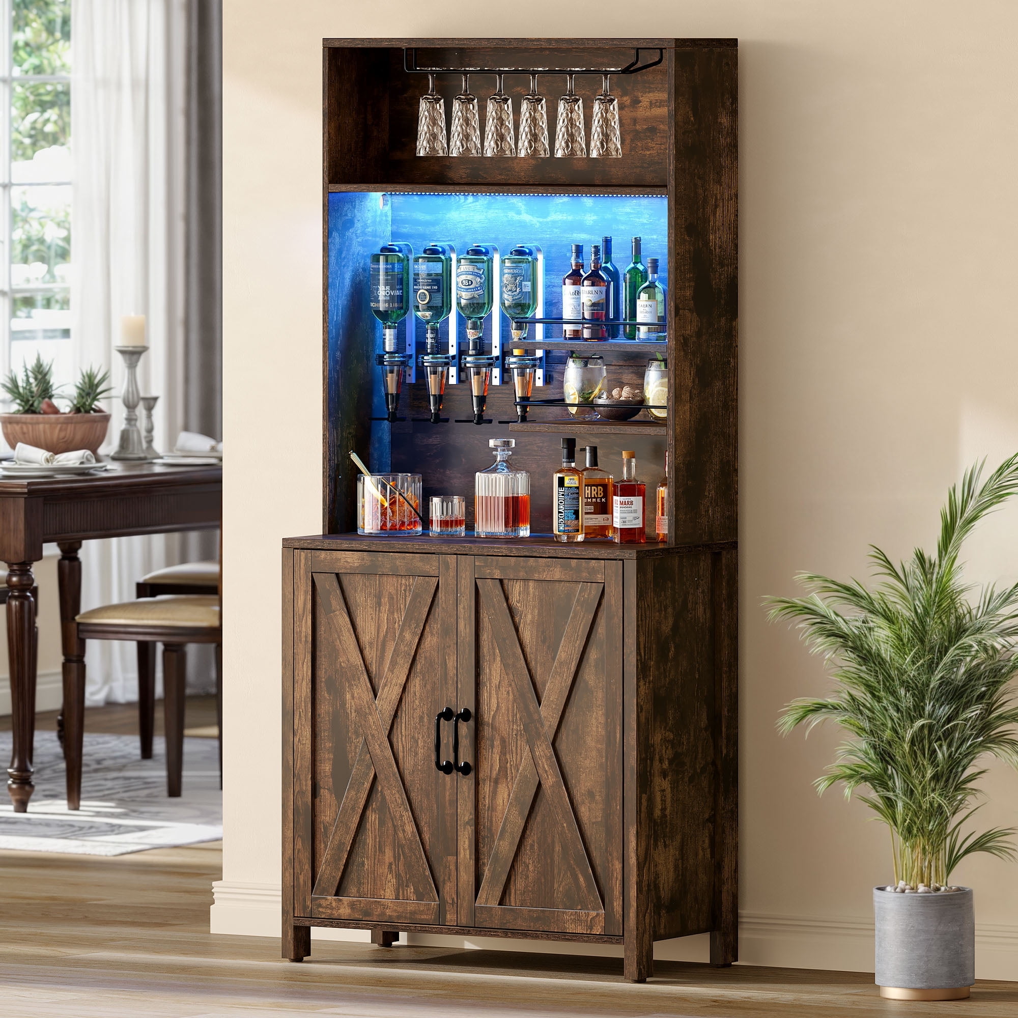 Craftian Wine Bar Cabinet with LED Lights & Doors, Home Bar Unit with ...