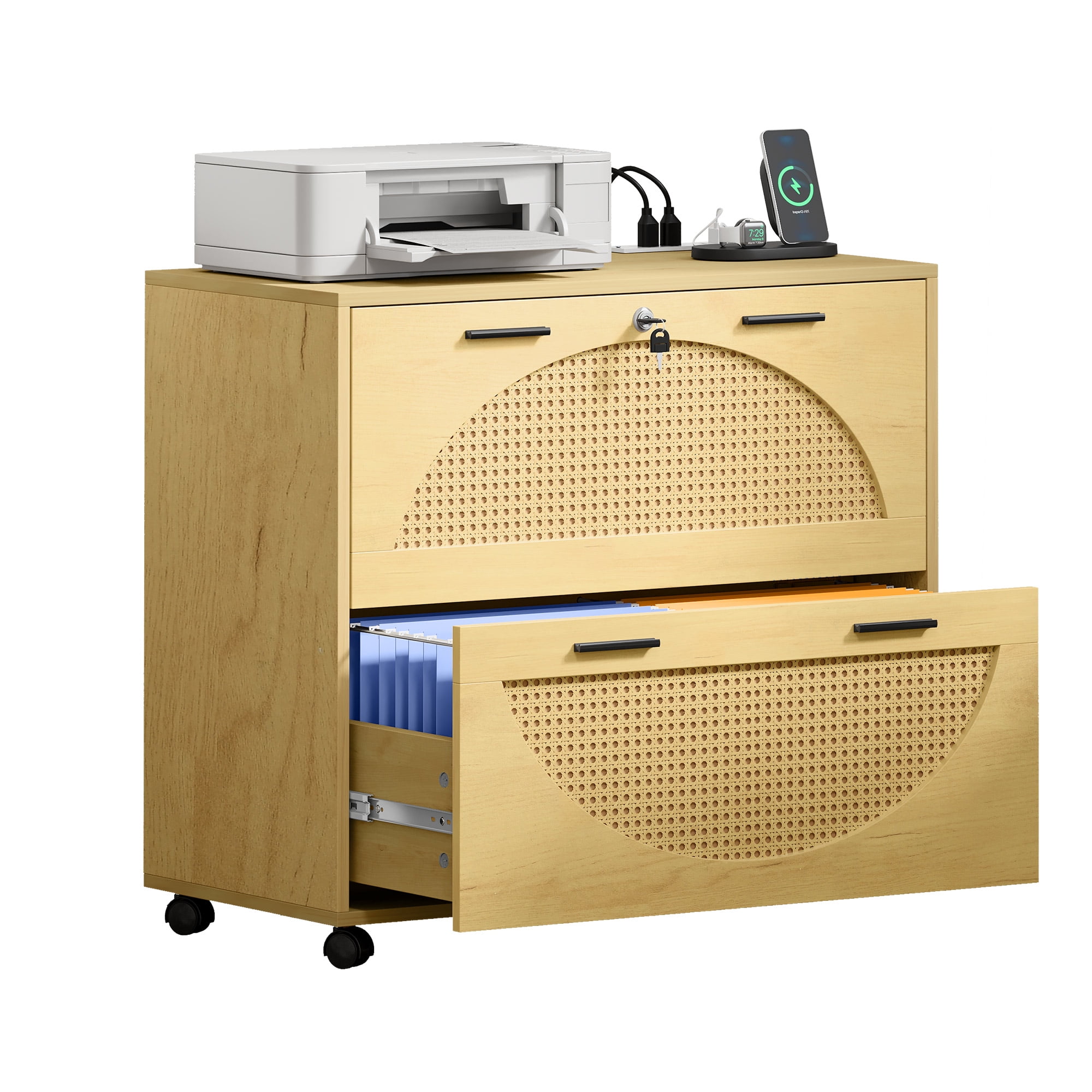 Craftian Wood File Cabinet with Charging Station, 2 Drawer Rolling File ...