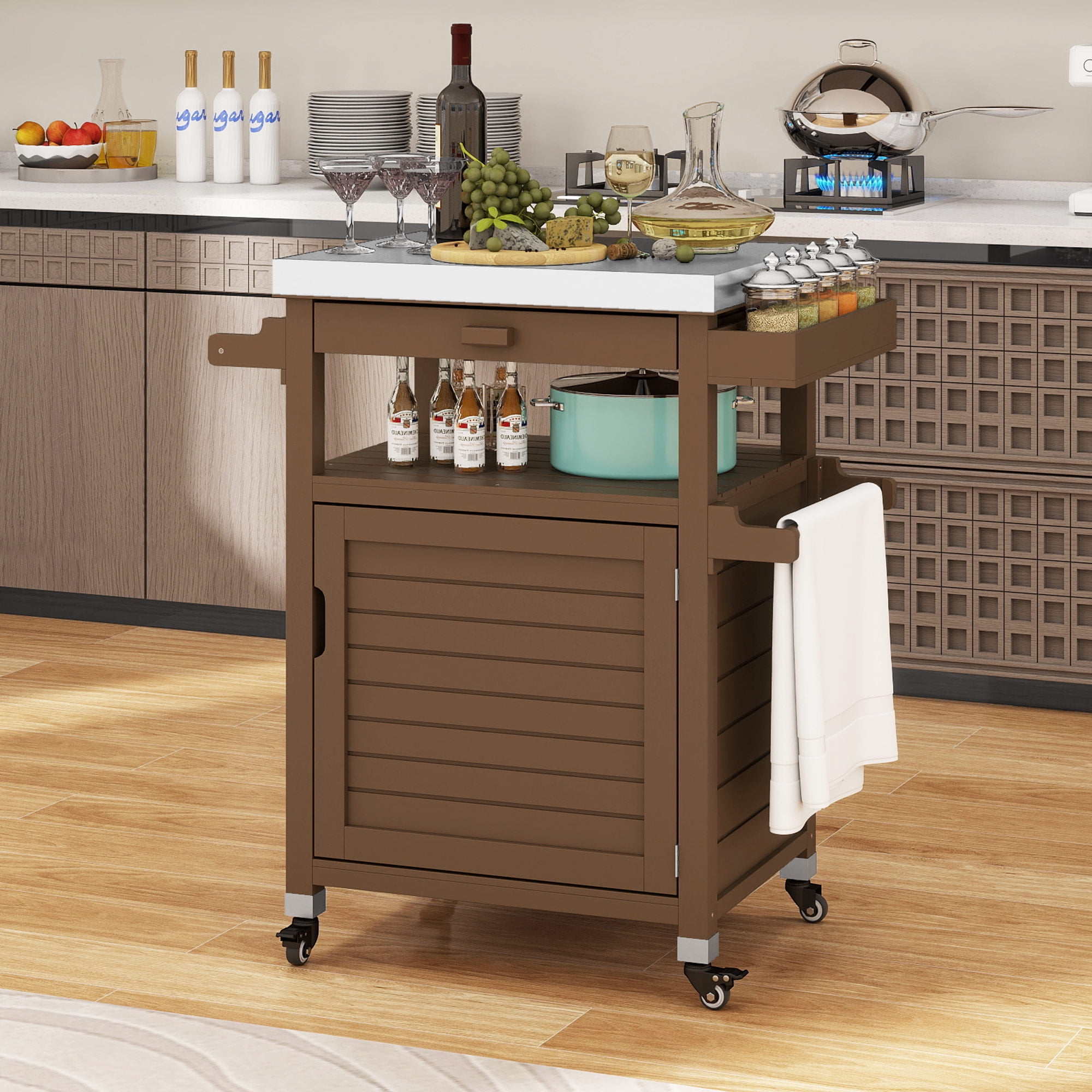 Craftian Wood Kitchen Storage Cart with Stainless Steel Table, Utility ...