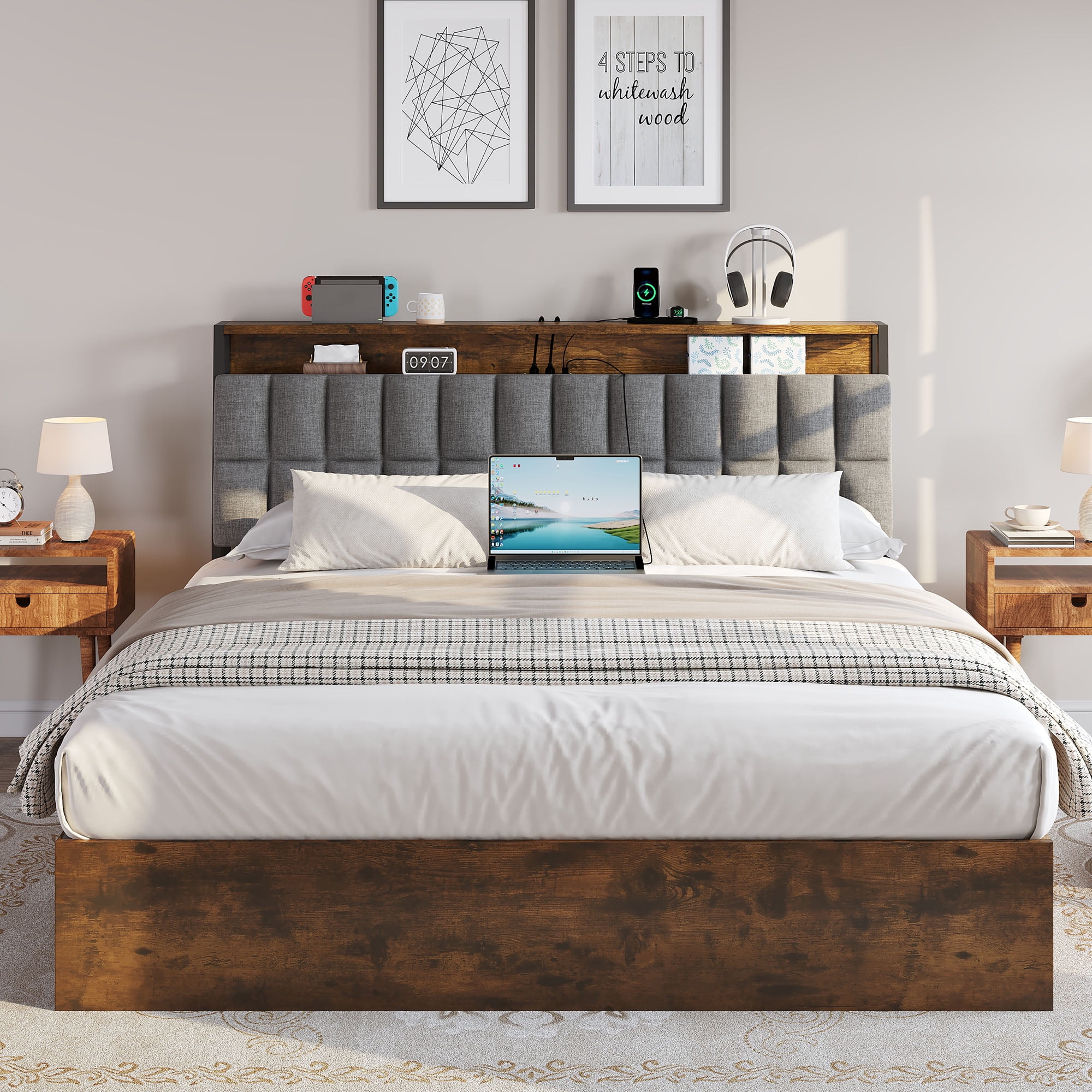 Craftian Wooden Lift Up Bed Frame, Queen Storage Bed Frame with ...