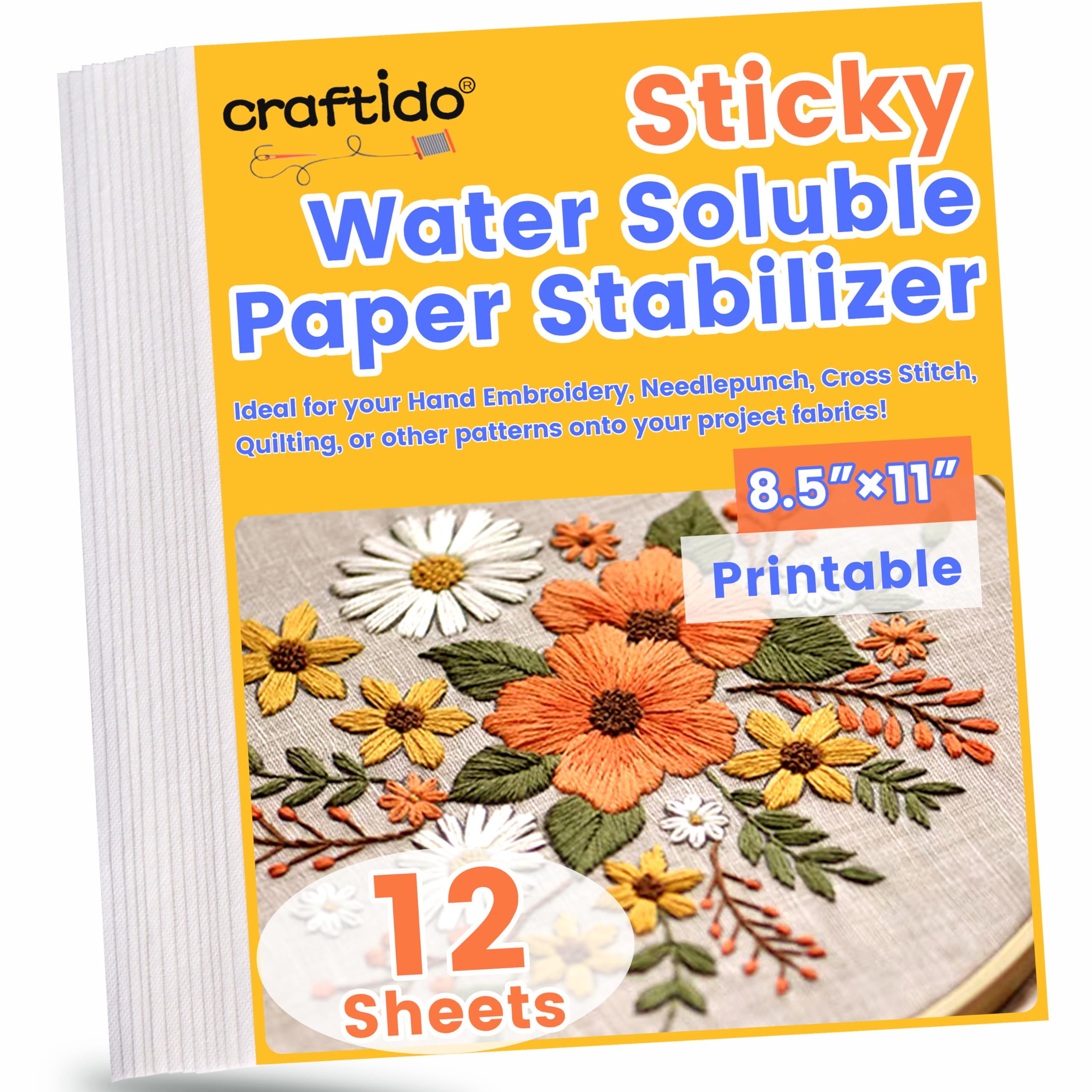 Craftido 8.5"x11" 12PCS Sticky Water Soluble Embroidery Stabilizer ...