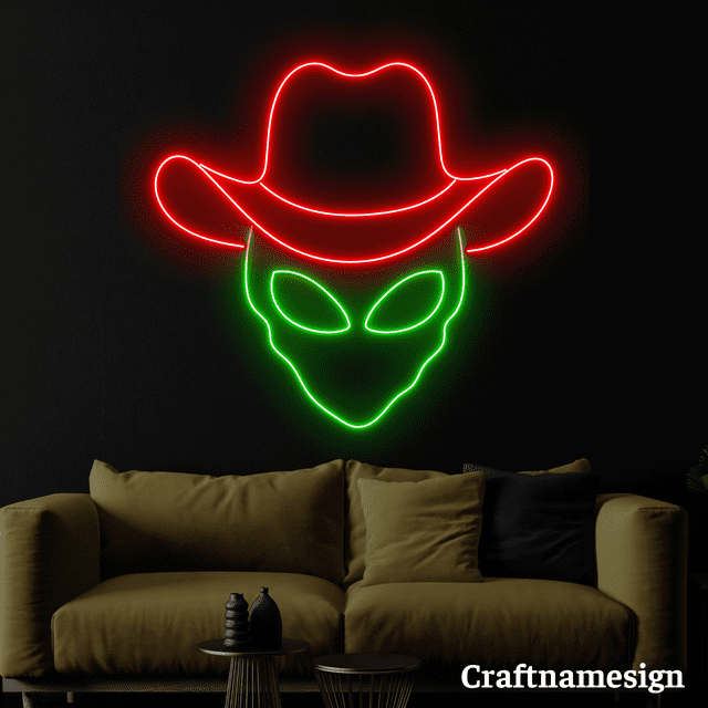 Craftnamesign Alien With Cowboy Hat Neon Sign for Spaceman Men Cave ...