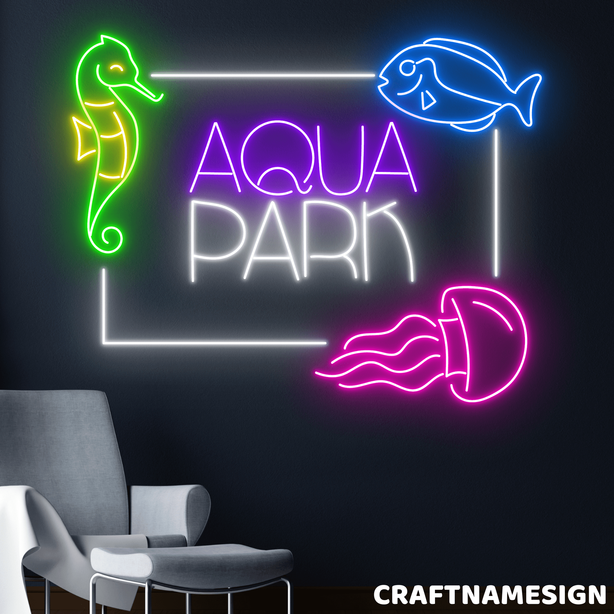 Craftnamesign Aqua Park Neon Sign, Aquarium Wall Art, Sea Animal Wall ...