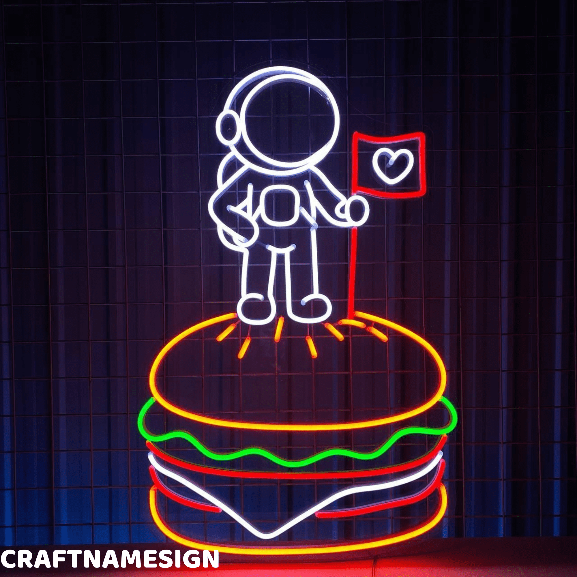 Craftnamesign Astronaut On Hamburger Neon Sign, Hamburger Wall Decor ...