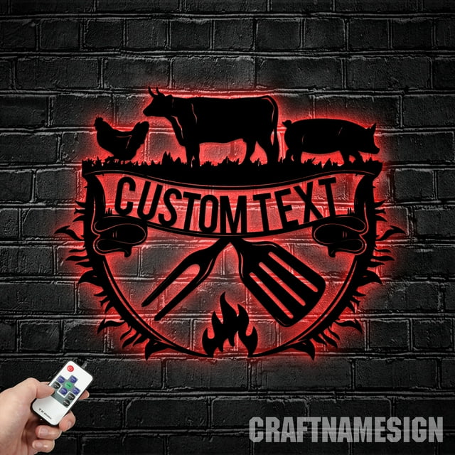 Craftnamesign BBQ Grill Metal Sign LED Light, Custom Backyard BBQ Sign ...