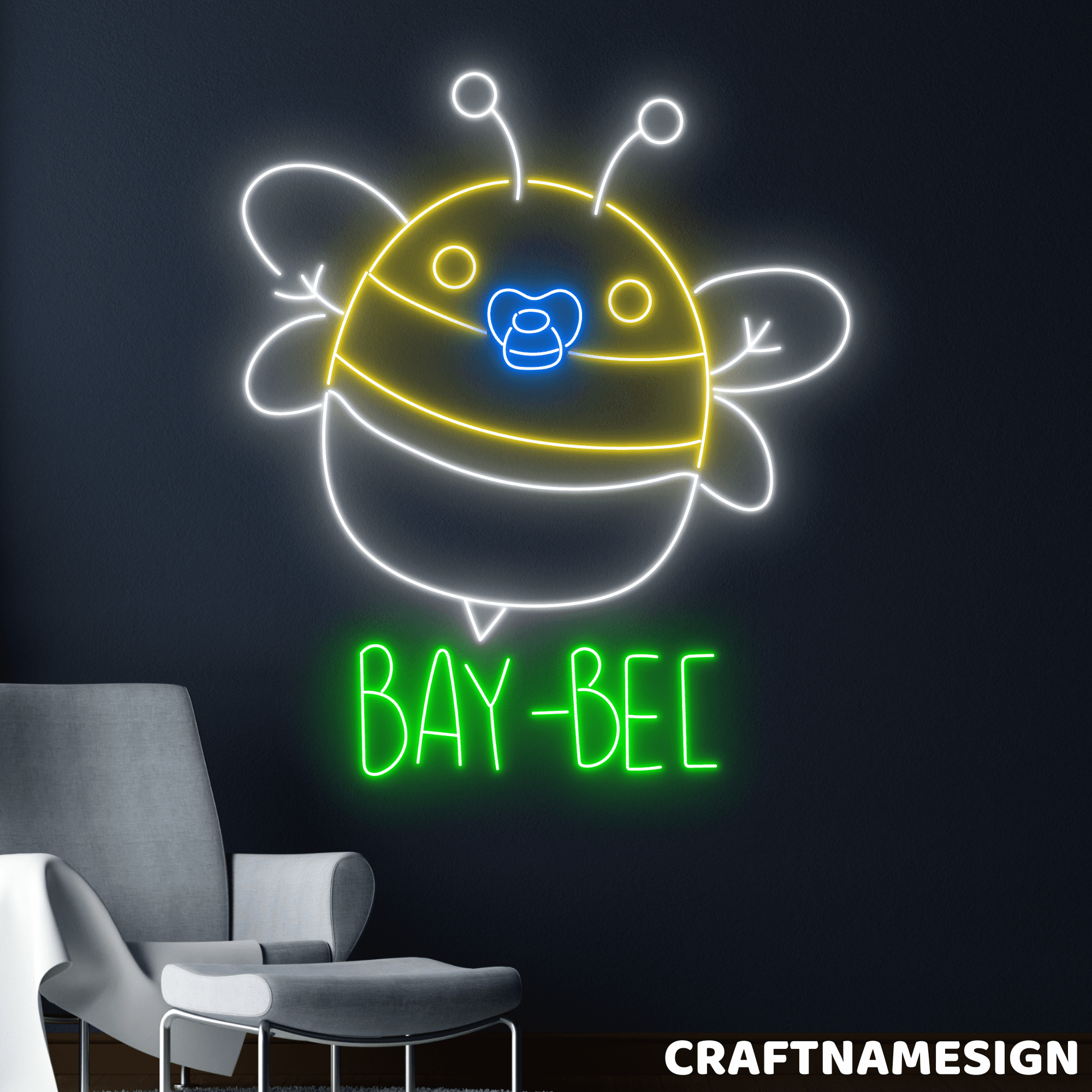 Craftnamesign Bay Bee Neon Sign, Kids Zone Wall Art, Nursery Room Wall ...