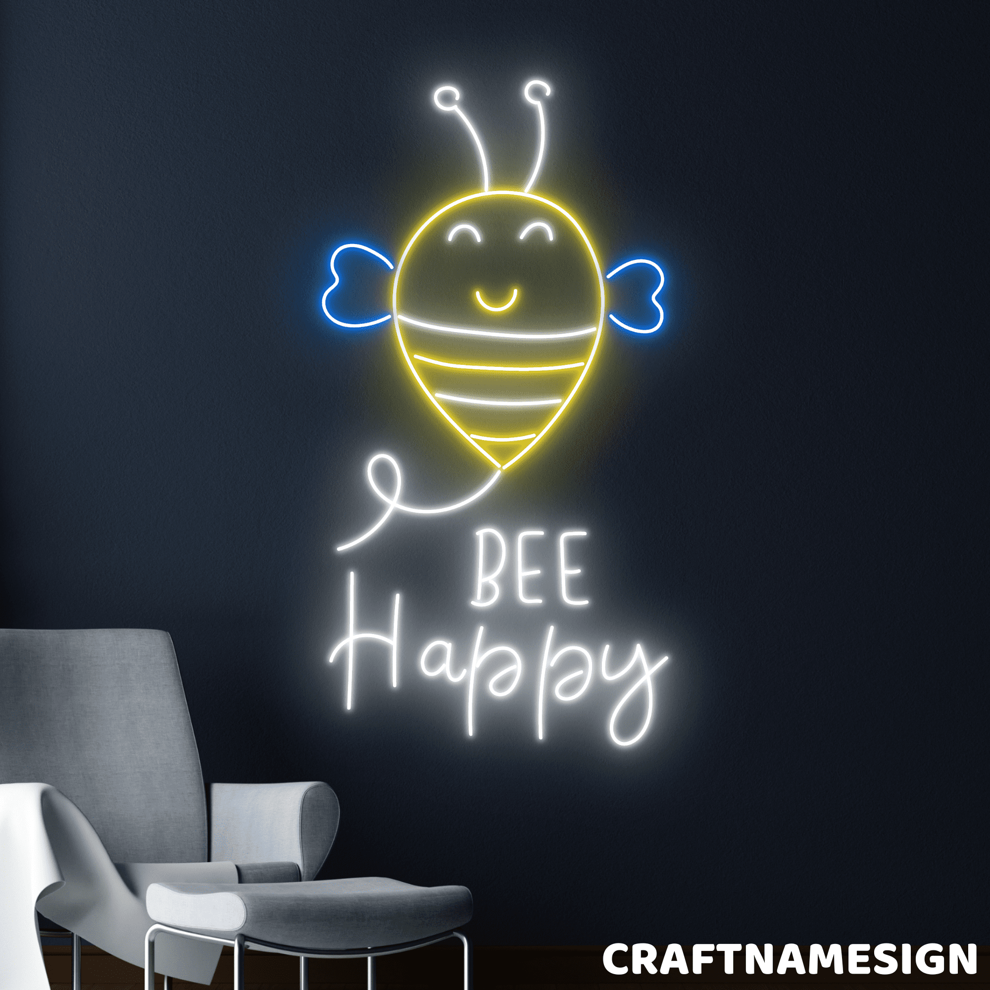 Craftnamesign Bee Happy Neon Sign, Be Happy Wall Decor, Nursery Room ...
