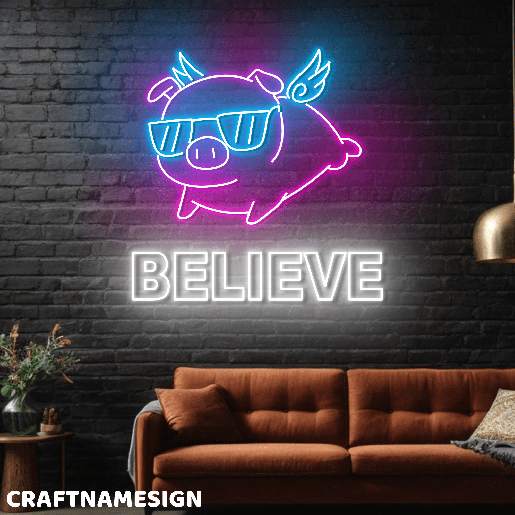 Craftnamesign Believe Flying Pig Neon Light For Wall Decor, Bedroom ...