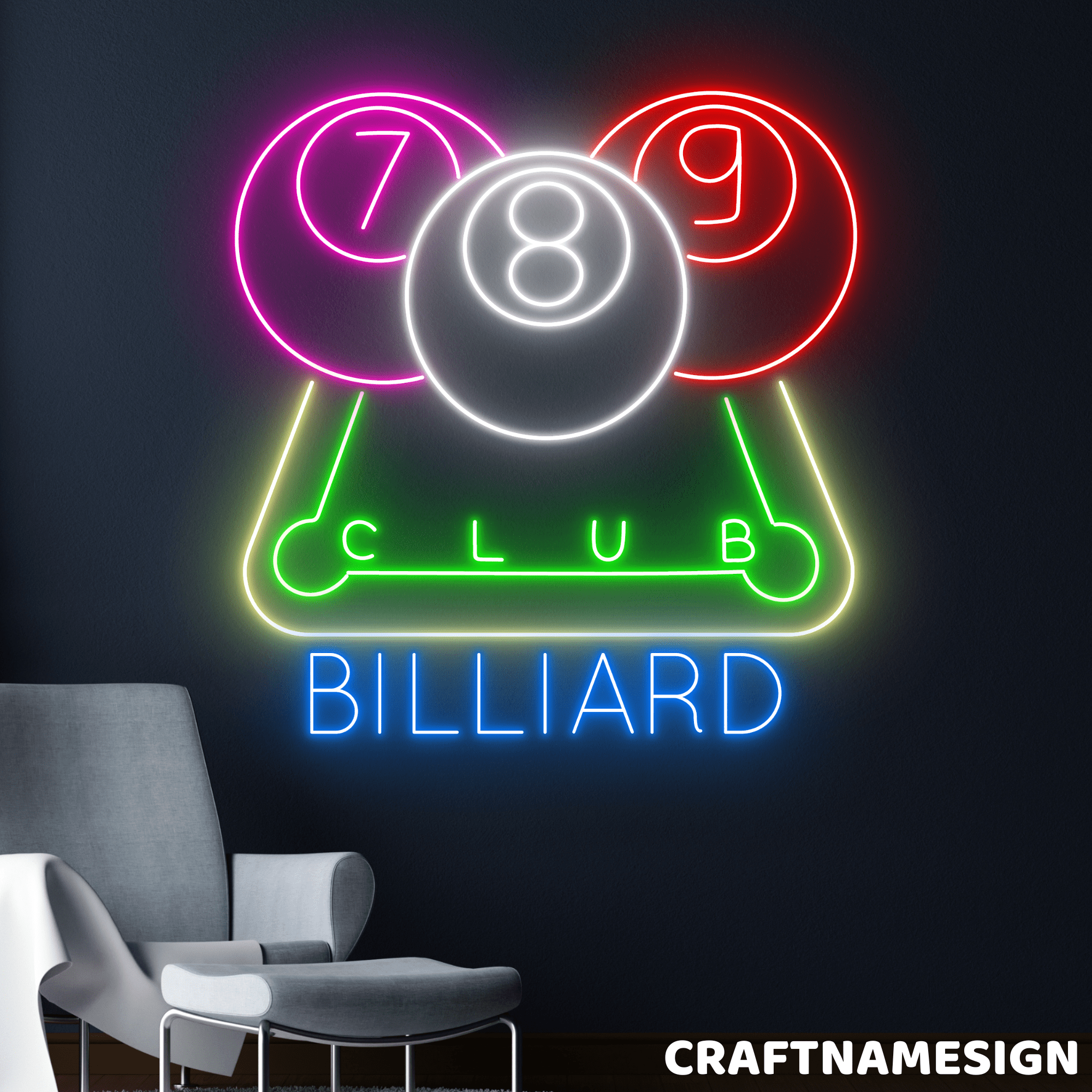 Craftnamesign Billiard Club Neon Sign, Billiard Wall Decor, Pool Wall ...