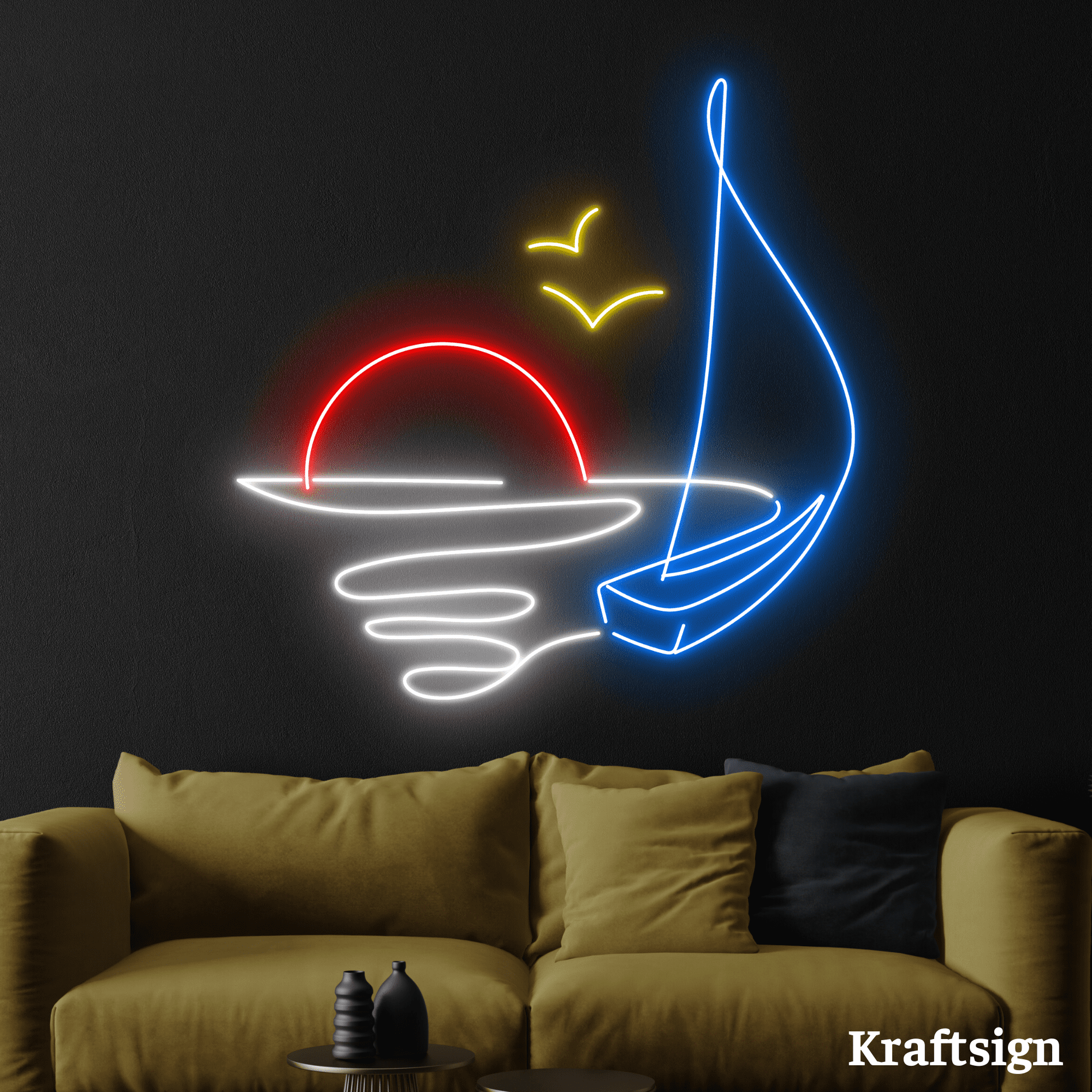 Craftnamesign Boat Line Art Neon Sign, Sunset LED Sign, Bedroom Decor ...