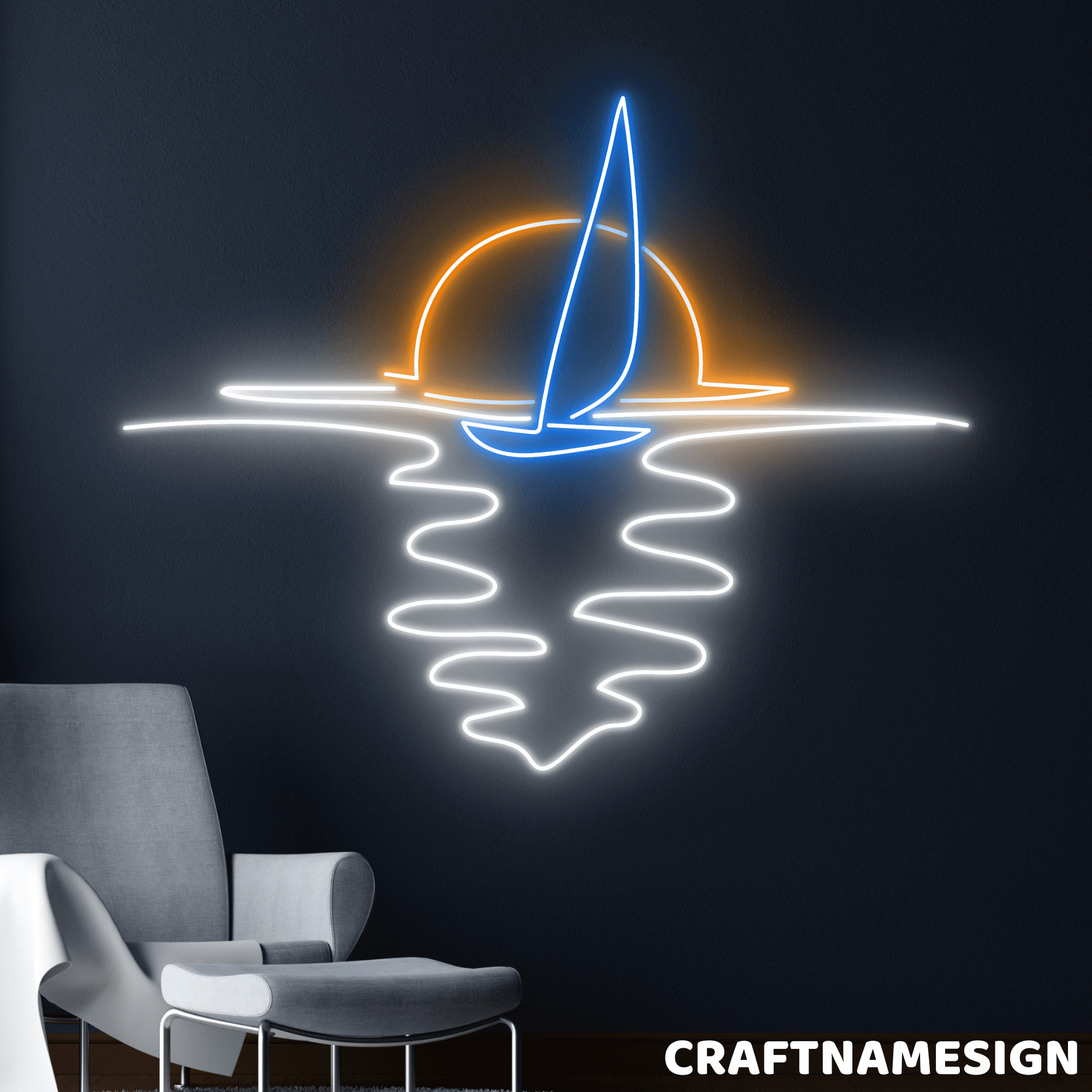 Craftnamesign Boat Sunset Line Art Neon Sign, Store Wall Decor, Living ...