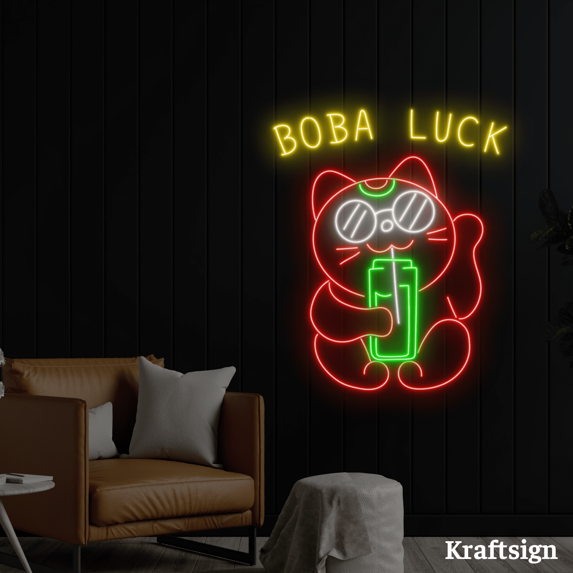 Craftnamesign Boba Luck Neon Sign, Cat LED Sign, Bubble Tea Shop Decor ...