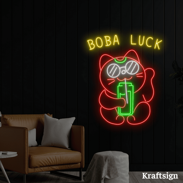 Craftnamesign Boba Luck Neon Sign, Cat LED Sign, Bubble Tea Shop Decor ...