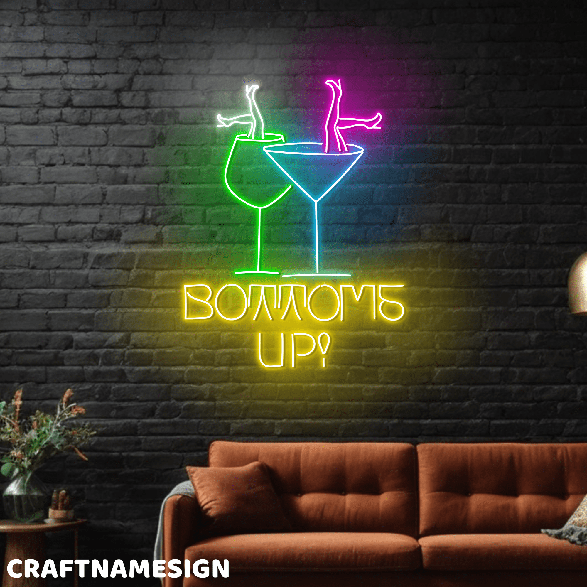 Craftnamesign Bottoms Up Neon Sign, Cocktail Wall Art, Bar Pub Wall ...