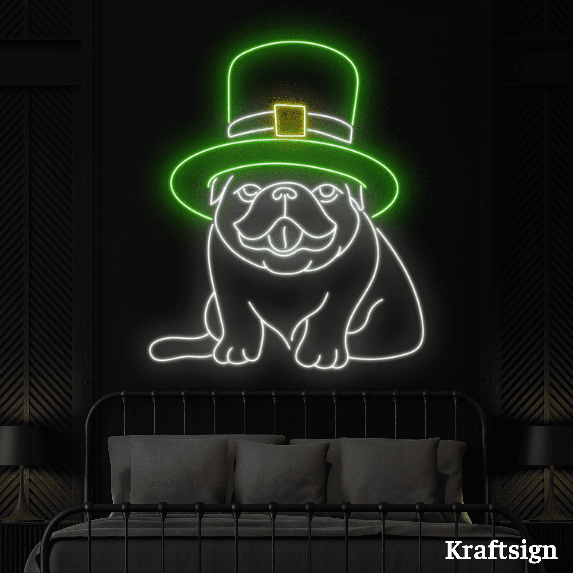 Craftnamesign Bulldog Patrick Hat Neon Sign, St. Patrick’s Day Sign ...