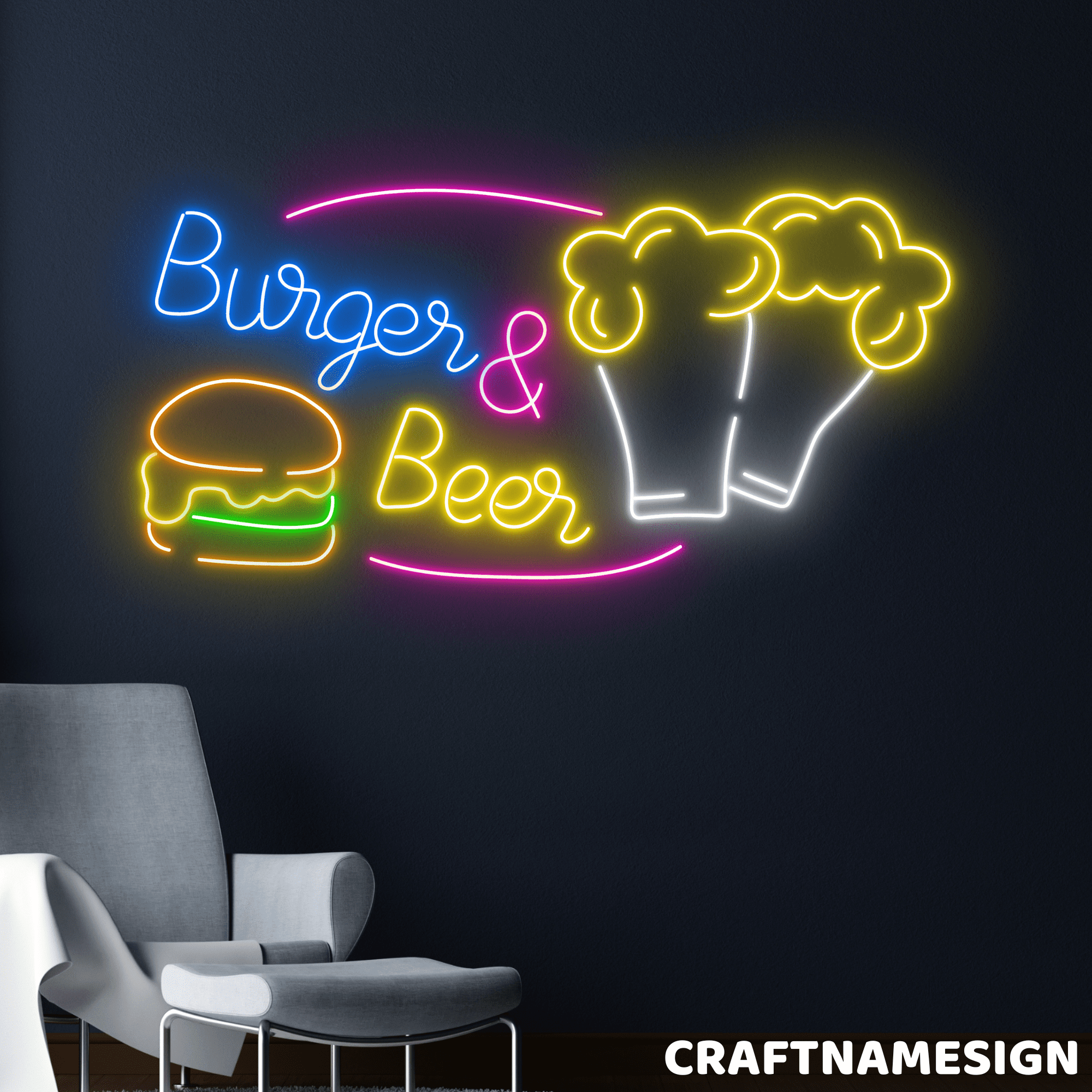 Craftnamesign Burger & Beer Neon Sign, Hamburger Wall Decor, Fast Food ...