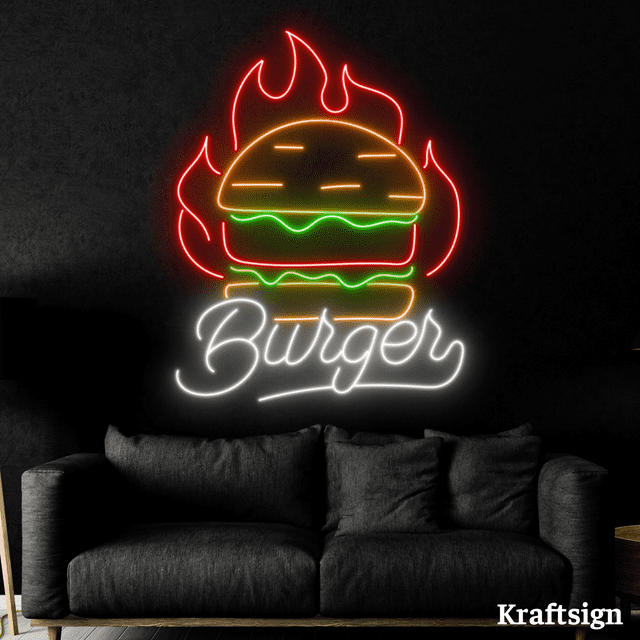 Craftnamesign Burger Fire Neon Sign, Burger Shop LED Sign, Food Wall ...