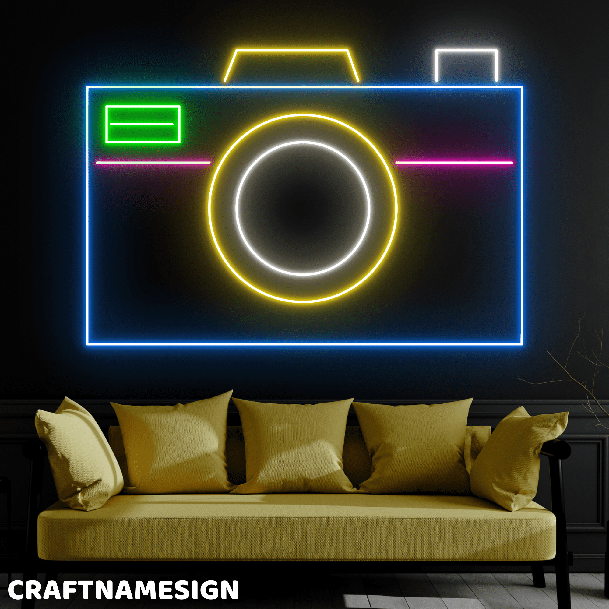 Craftnamesign Camera Neon Sign, Studio Wall Art, Living Room Wall Decor ...