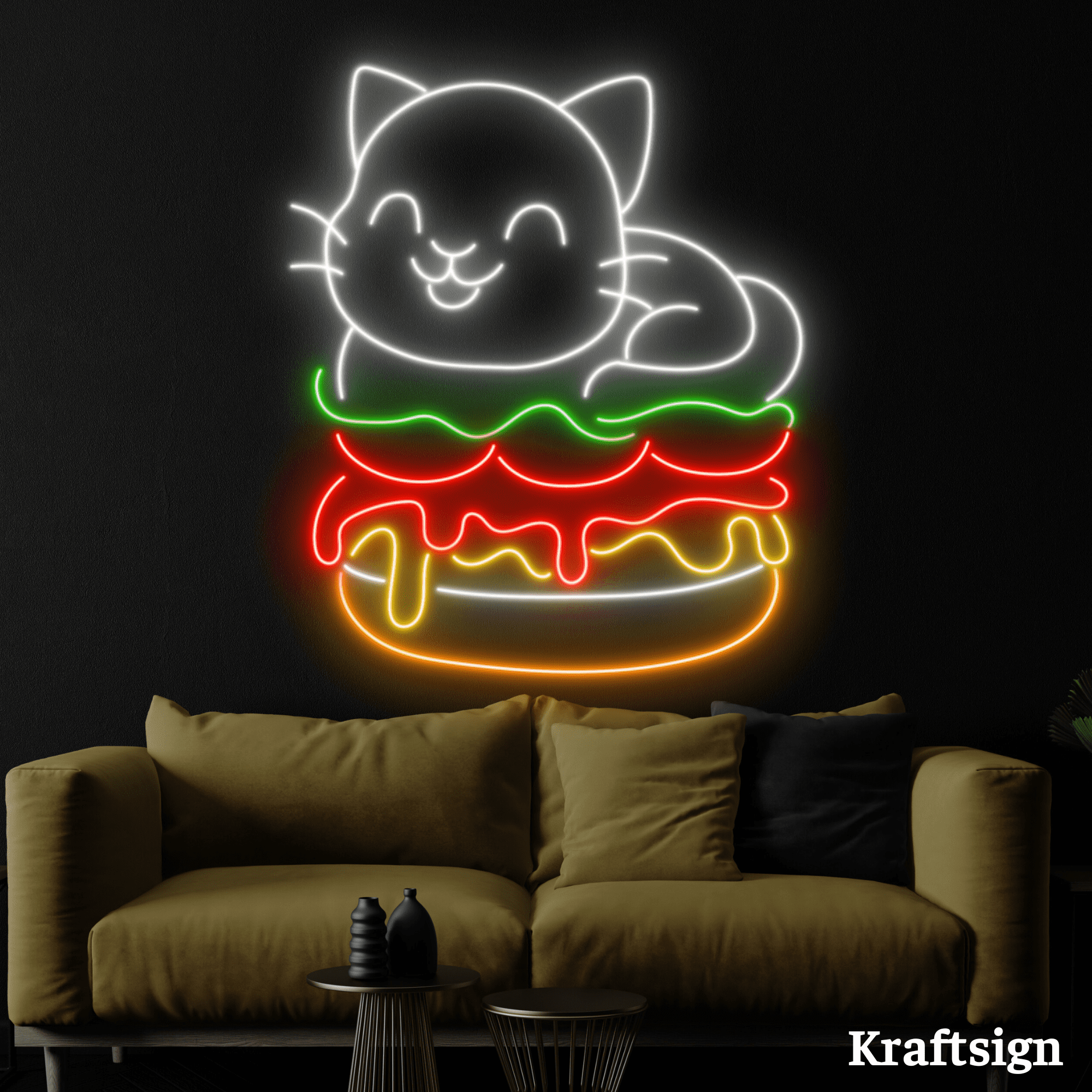 Craftnamesign Cat On Burger Neon Sign, Burger Shop LED Sign, Fast Food ...
