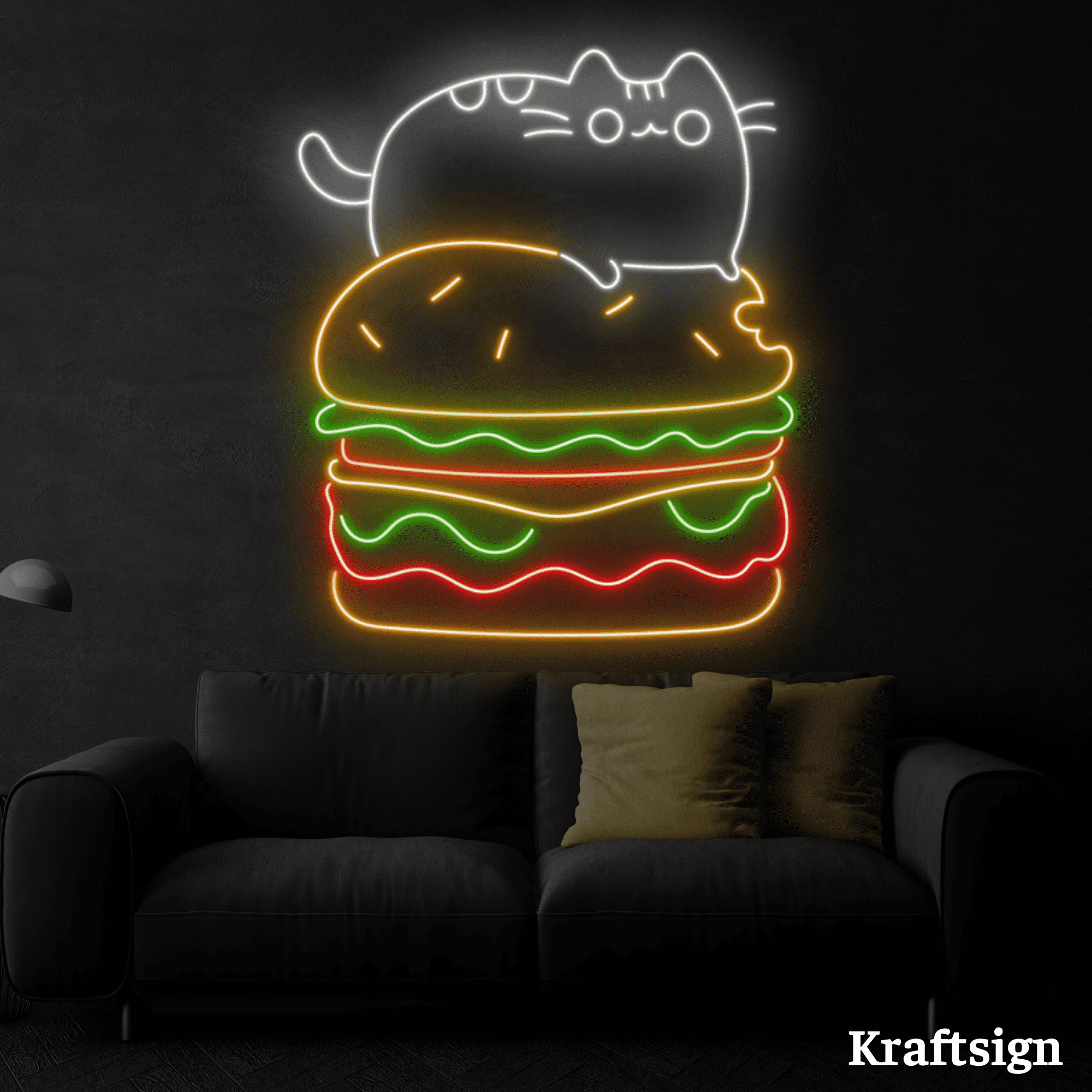 Craftnamesign Cat On The Burger LED Neon Sign, Burger Fast Food Shop ...