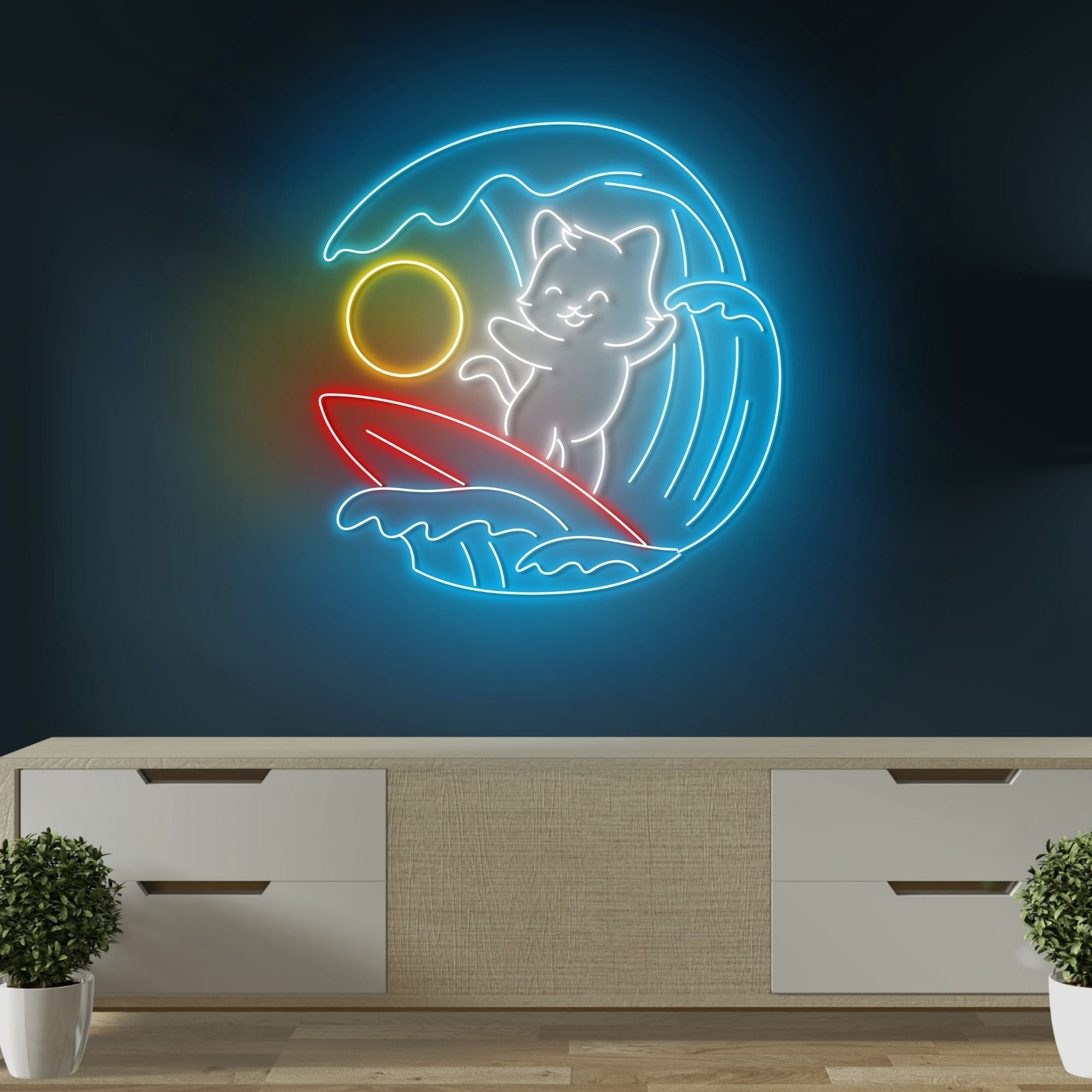 Craftnamesign Cat Surfing Art Neon Light, Pet Shop Wall Decor, Wave ...
