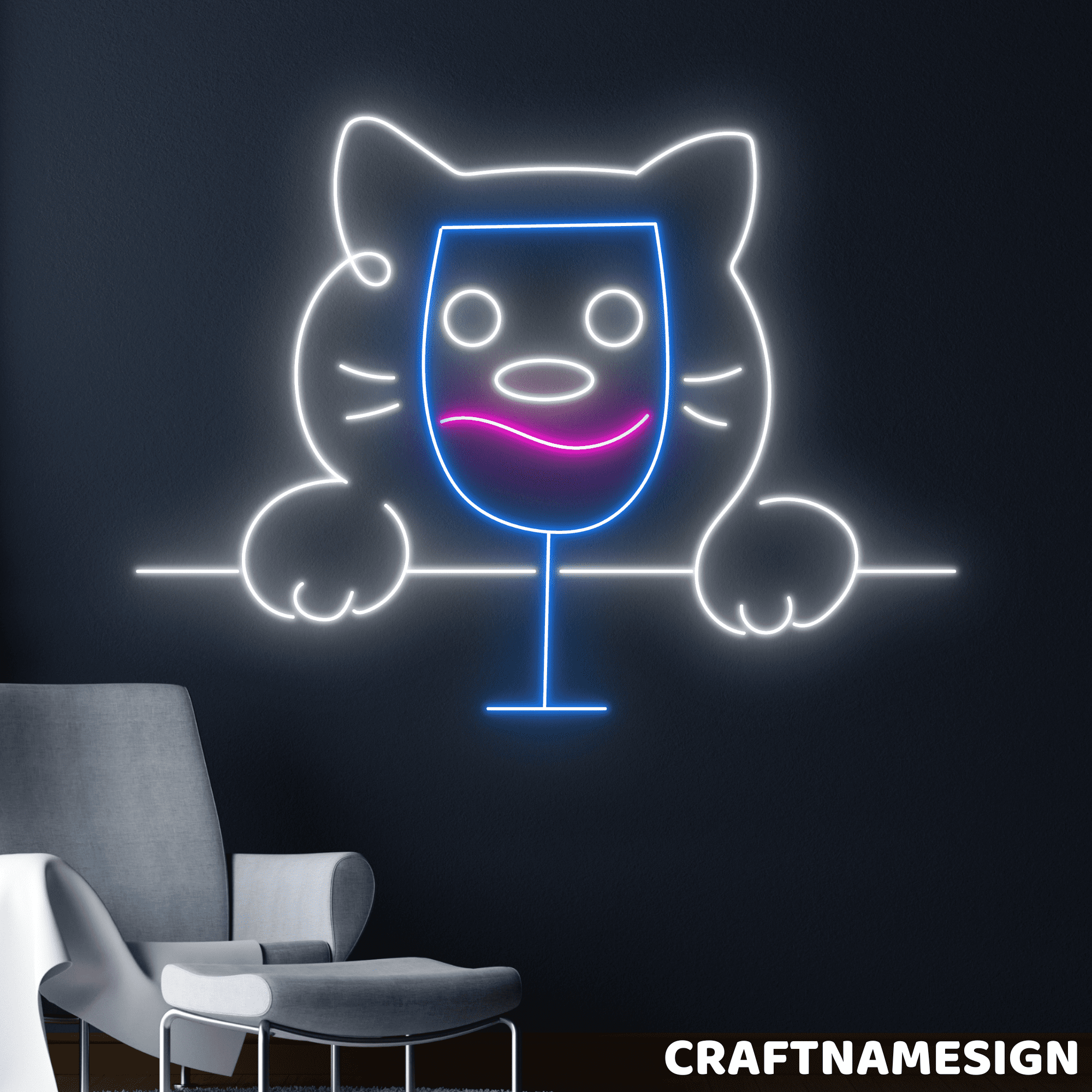 Craftnamesign Cat With Glass Neon Sign, Cute Cat Wall Art, Coffee Shop ...