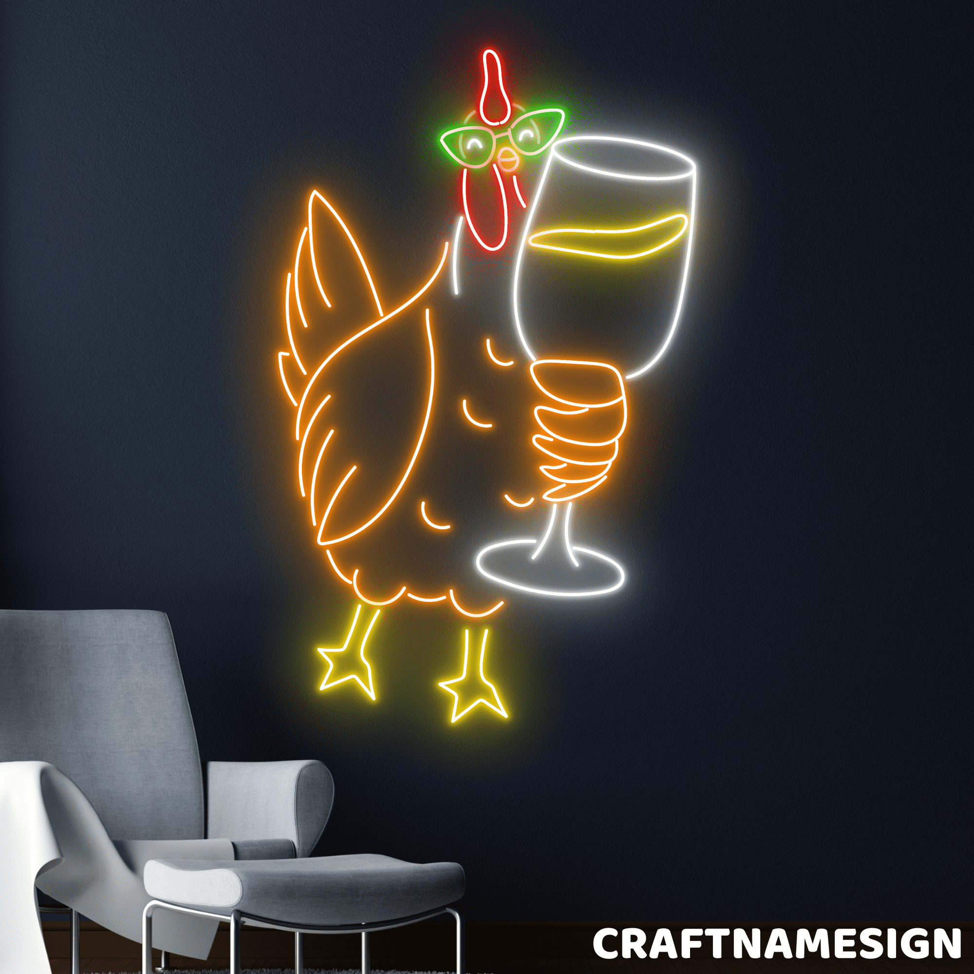 Craftnamesign Chicken Drinking Champagne Neon Sign, Kitchen Wall Art ...