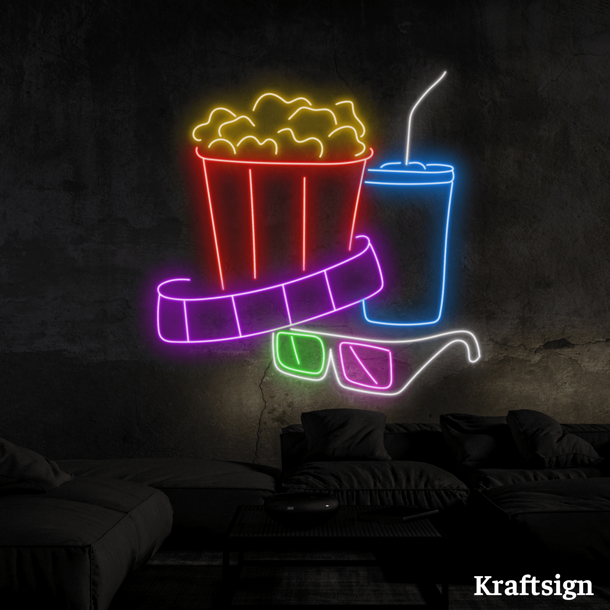 Craftnamesign Cinema Neon Sign, Cinema Room Decor, Popcorn 3D Glasses ...