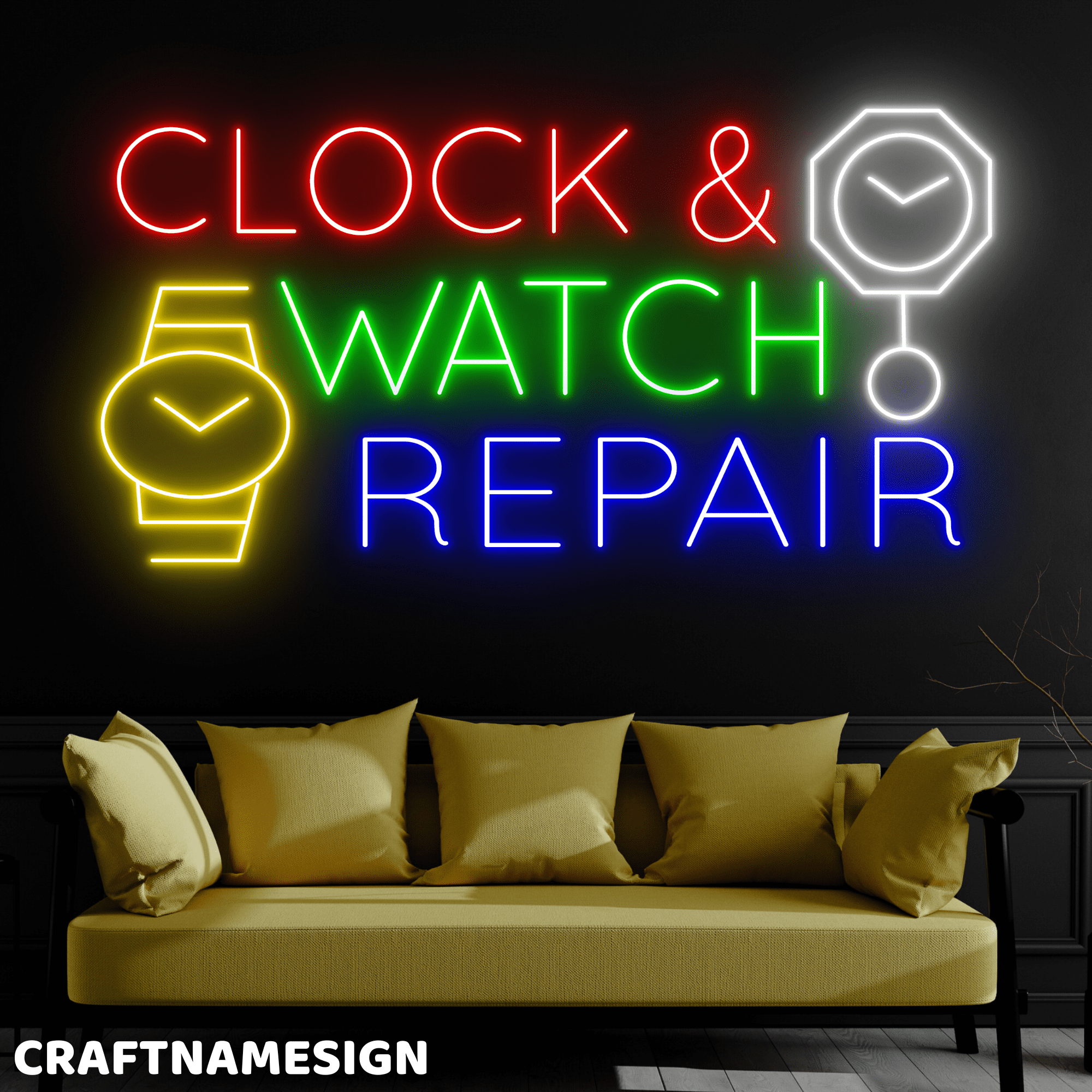 Craftnamesign Clock & Watch Repair Neon Sign, Watch Repair Shop Wall ...