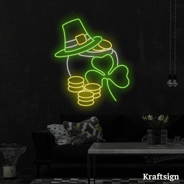 Craftnamesign Clover Leaf Neon Sign, Patrick Hat LED Sign, Patrick Day ...