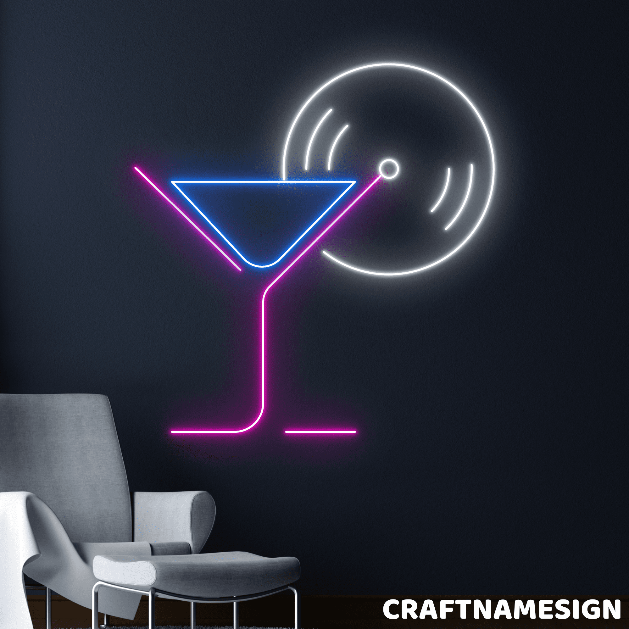 Craftnamesign Cocktail With Record Player Neon Sign, Cocktail Bar Wall ...