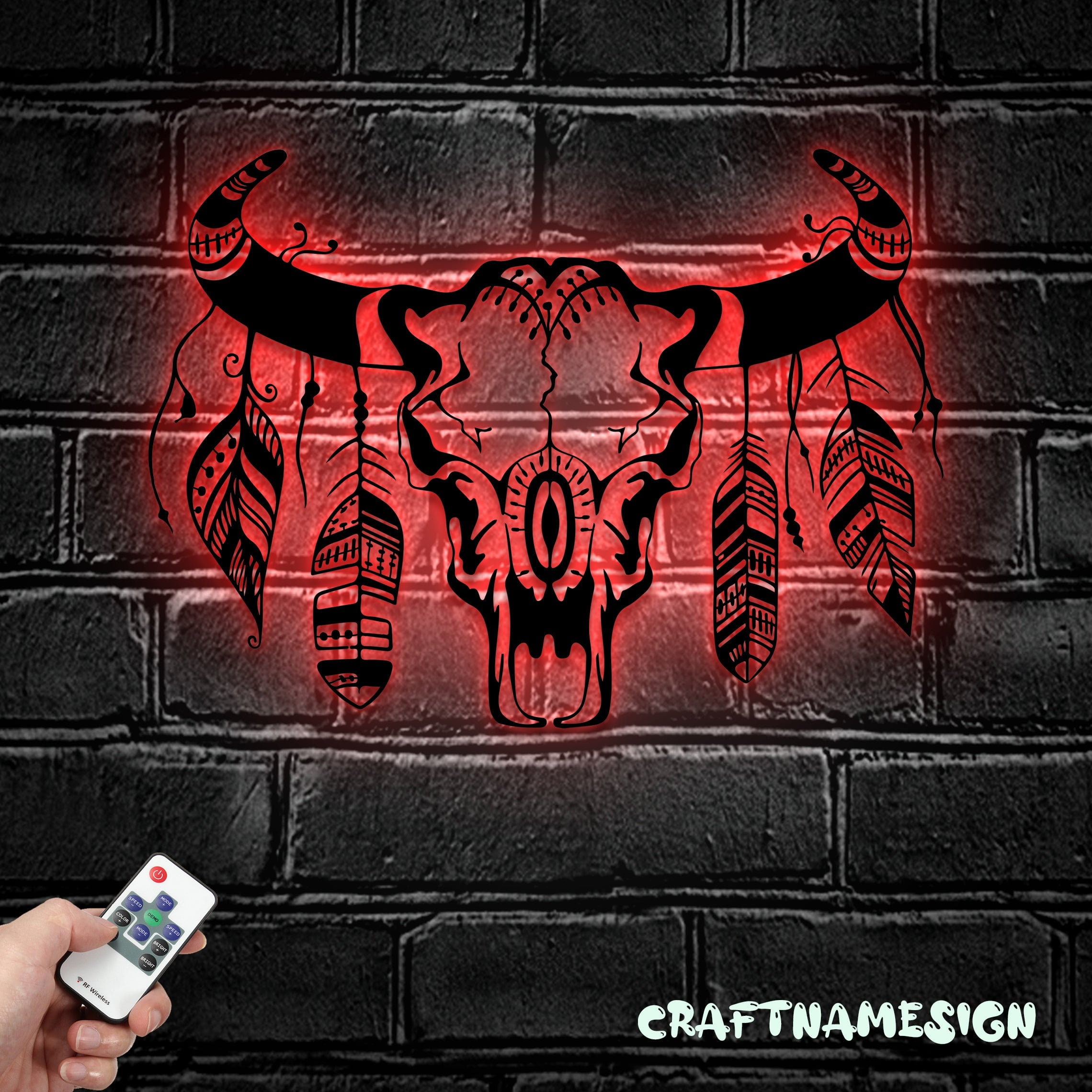 Craftnamesign Cow Skull Sunflower Metal Wall Art LED Light, Floral Boho ...