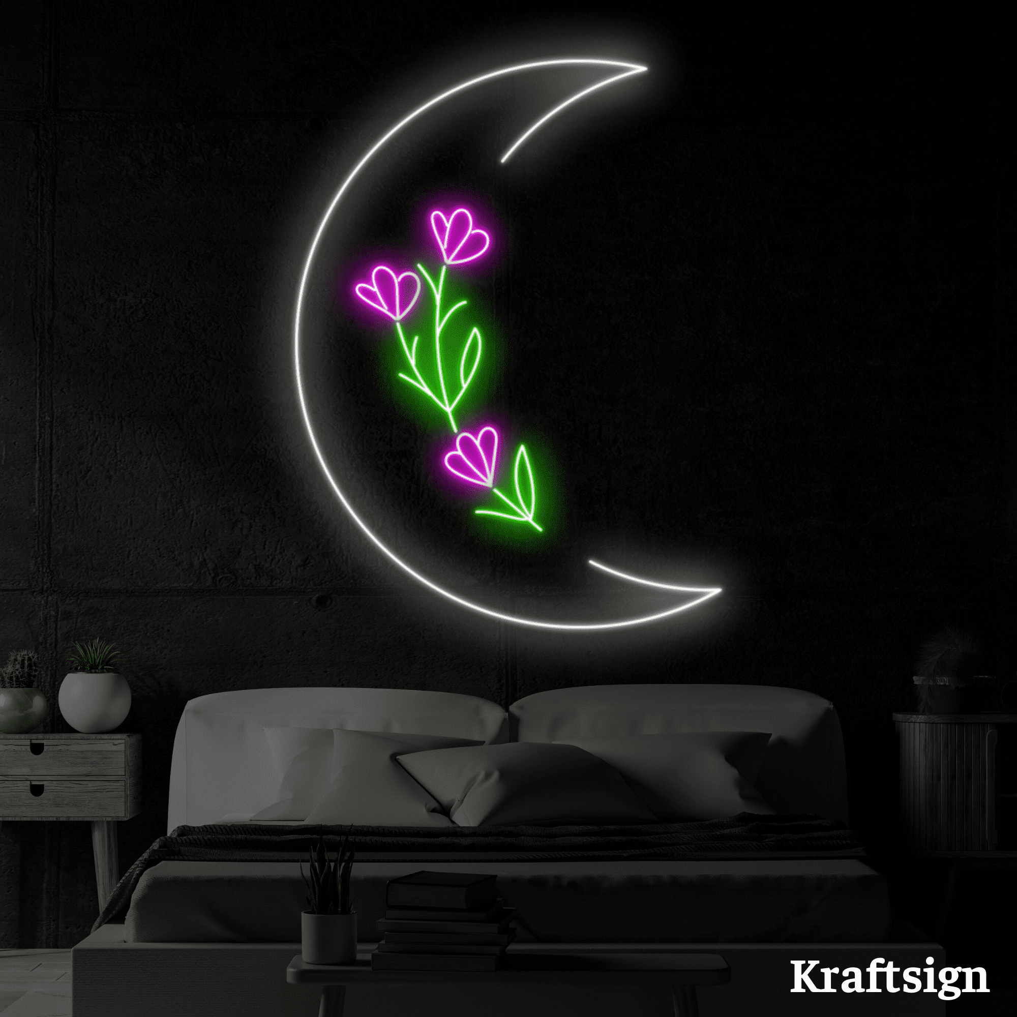 Craftnamesign Crescent Moon Flora Neon Sign, Room Wall Art, Bedroom ...