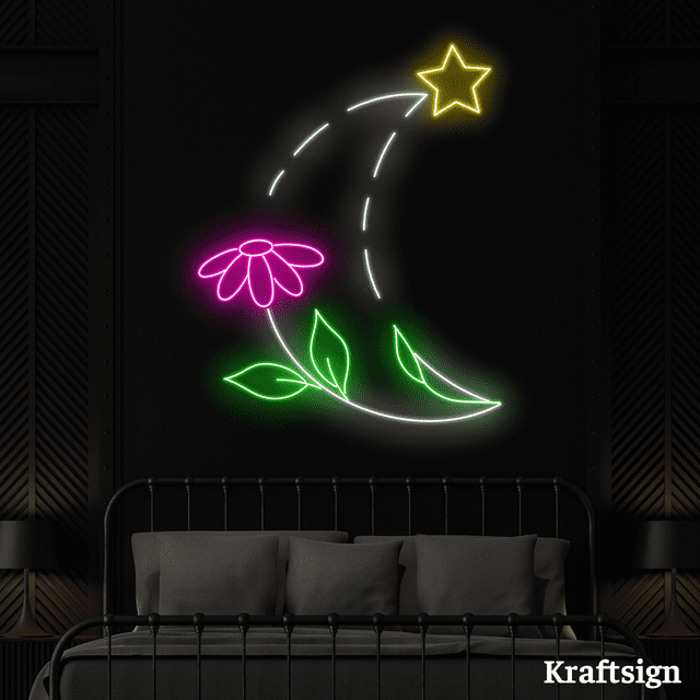 Craftnamesign Crescent Moon Flower Neon Sign, Bedroom Decor, Star LED ...