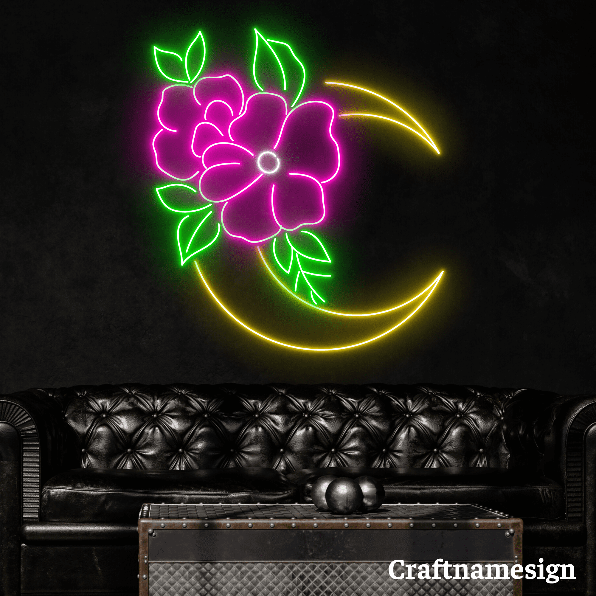 Craftnamesign Crescent Moon With Flower Neon Sign for Bedroom Bar ...