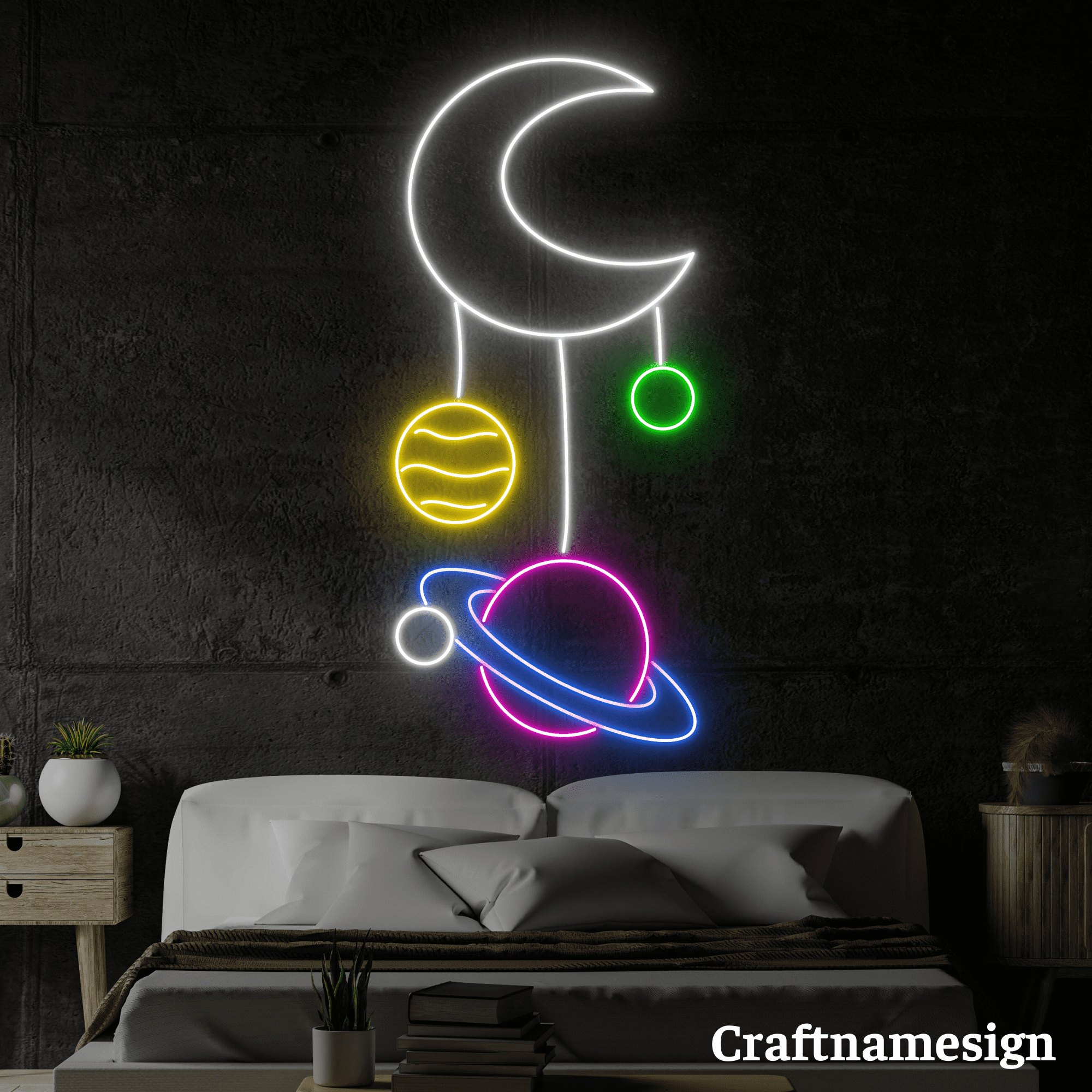 Craftnamesign Crescent Moon With Planet Neon Sign for Bedroom Spaceman ...