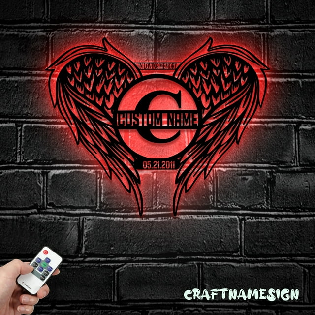 Craftnamesign Custom Angel Wings Name Date Metal Wall Art LED Light ...