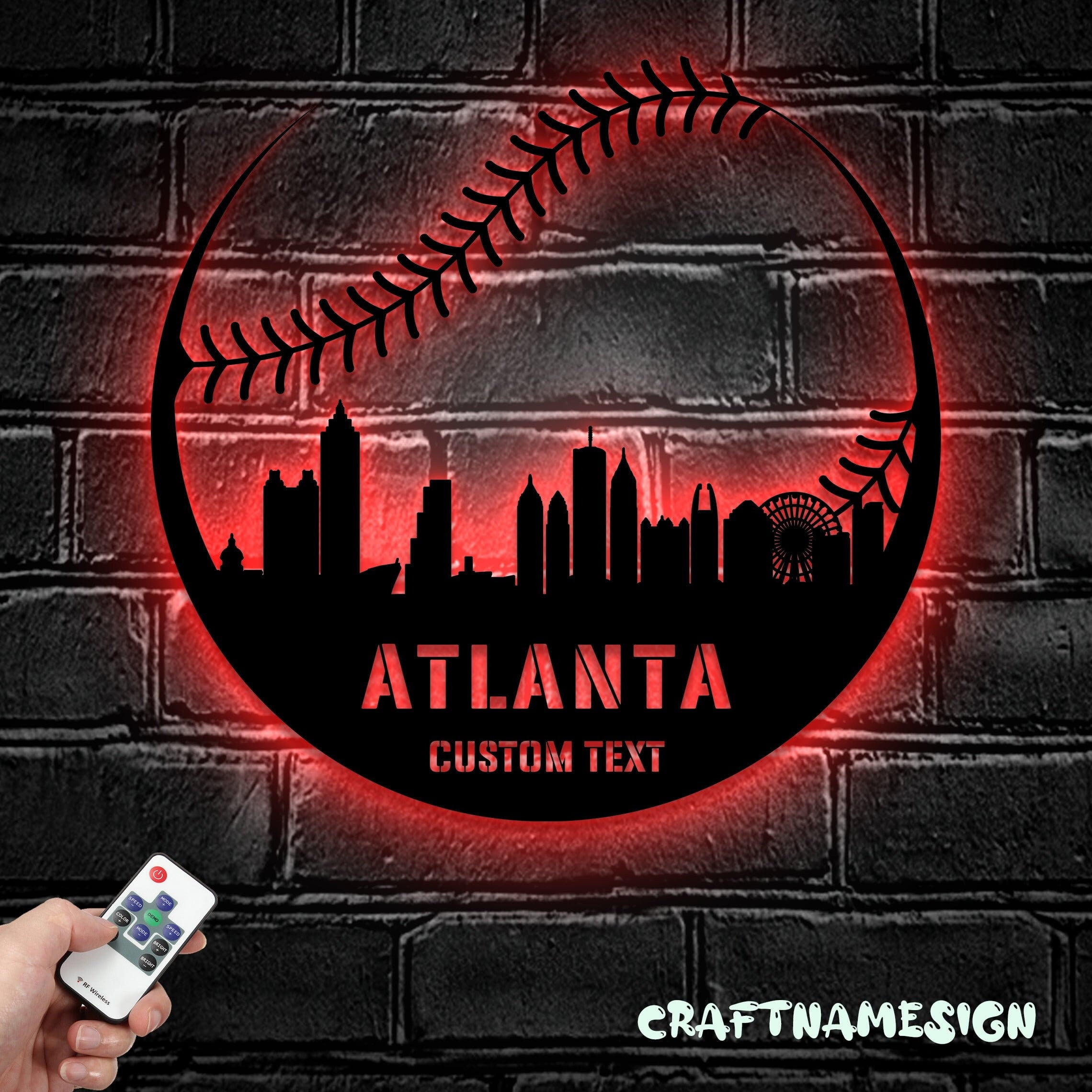 Craftnamesign Custom Atlanta Skyline Baseball Metal Wall Art LED Light ...