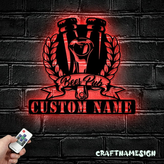 Craftnamesign Custom Beer Bar Metal Wall Art LED Light, Personalized ...