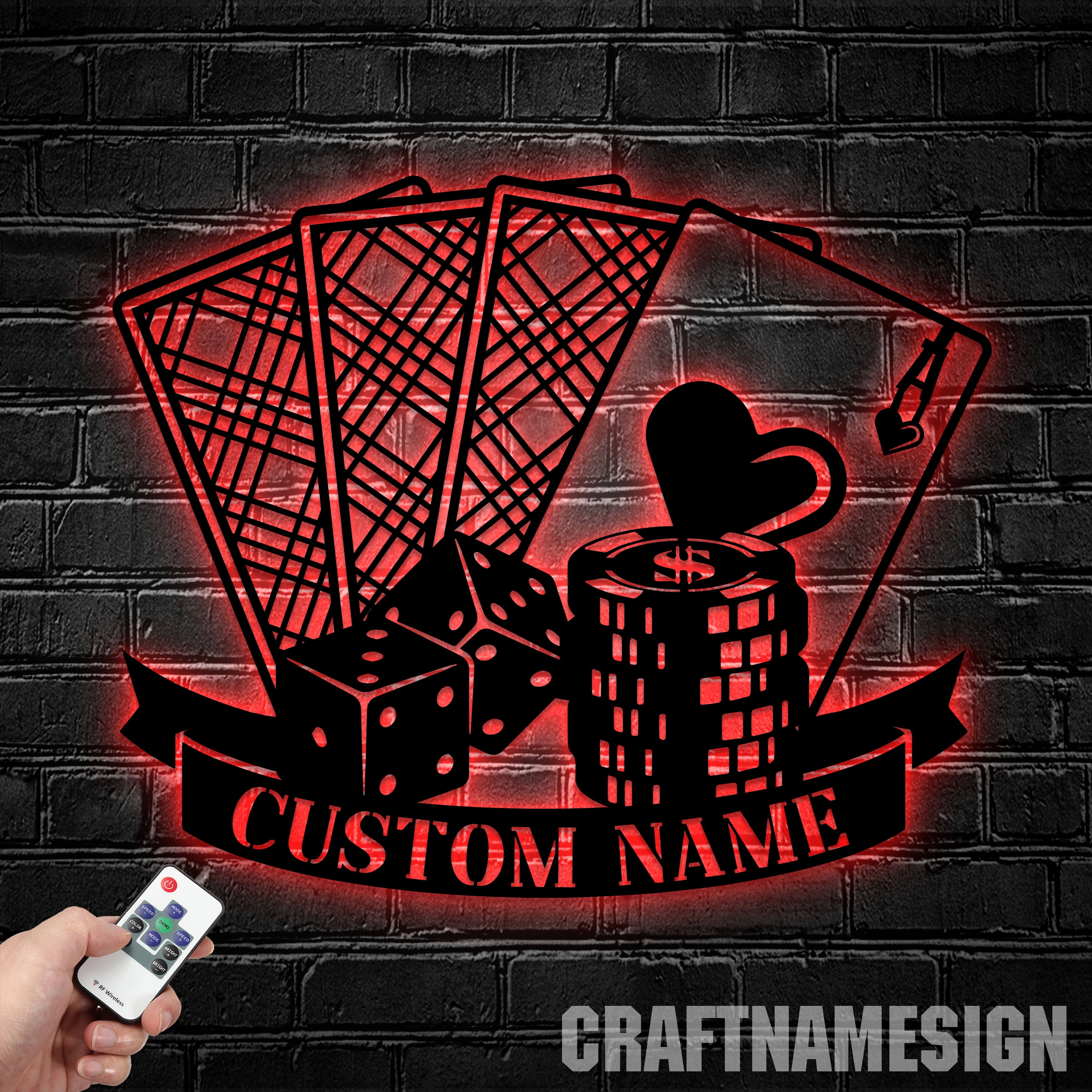 Craftnamesign Custom Casino Metal Wall Art LED Light, Playing Cards ...