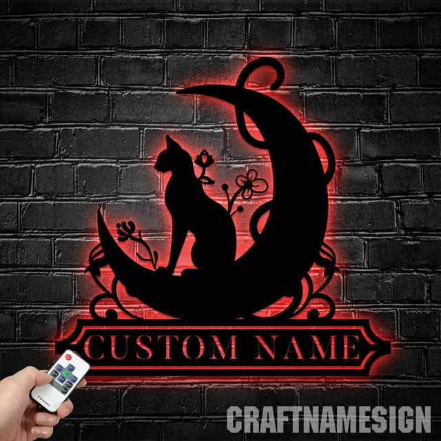 Craftnamesign Custom Cat On The Moon Metal Wall Art Led Light, Moon Cat ...