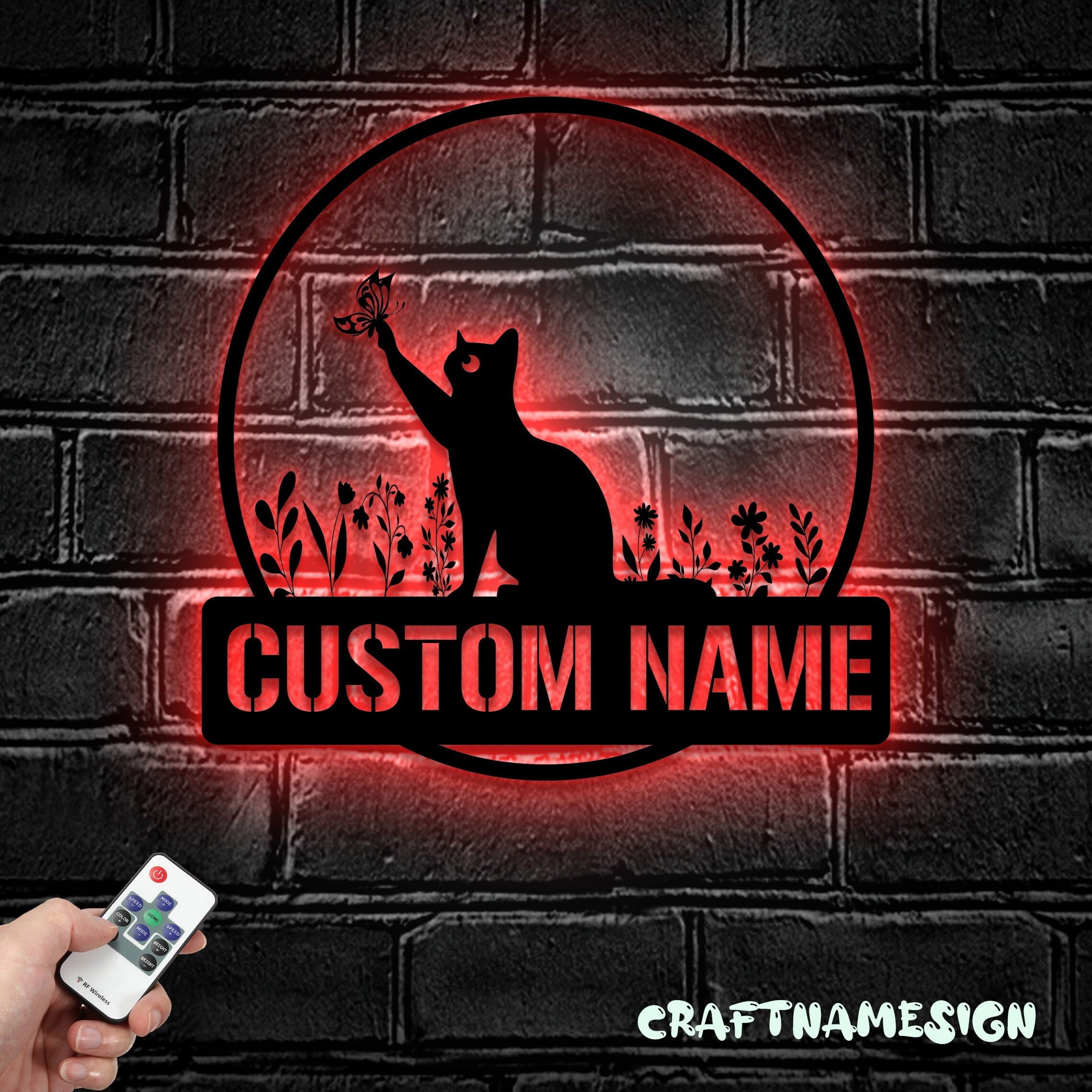 Craftnamesign Custom Cat With Butterfly Metal Wall Art LED Light, Cute ...